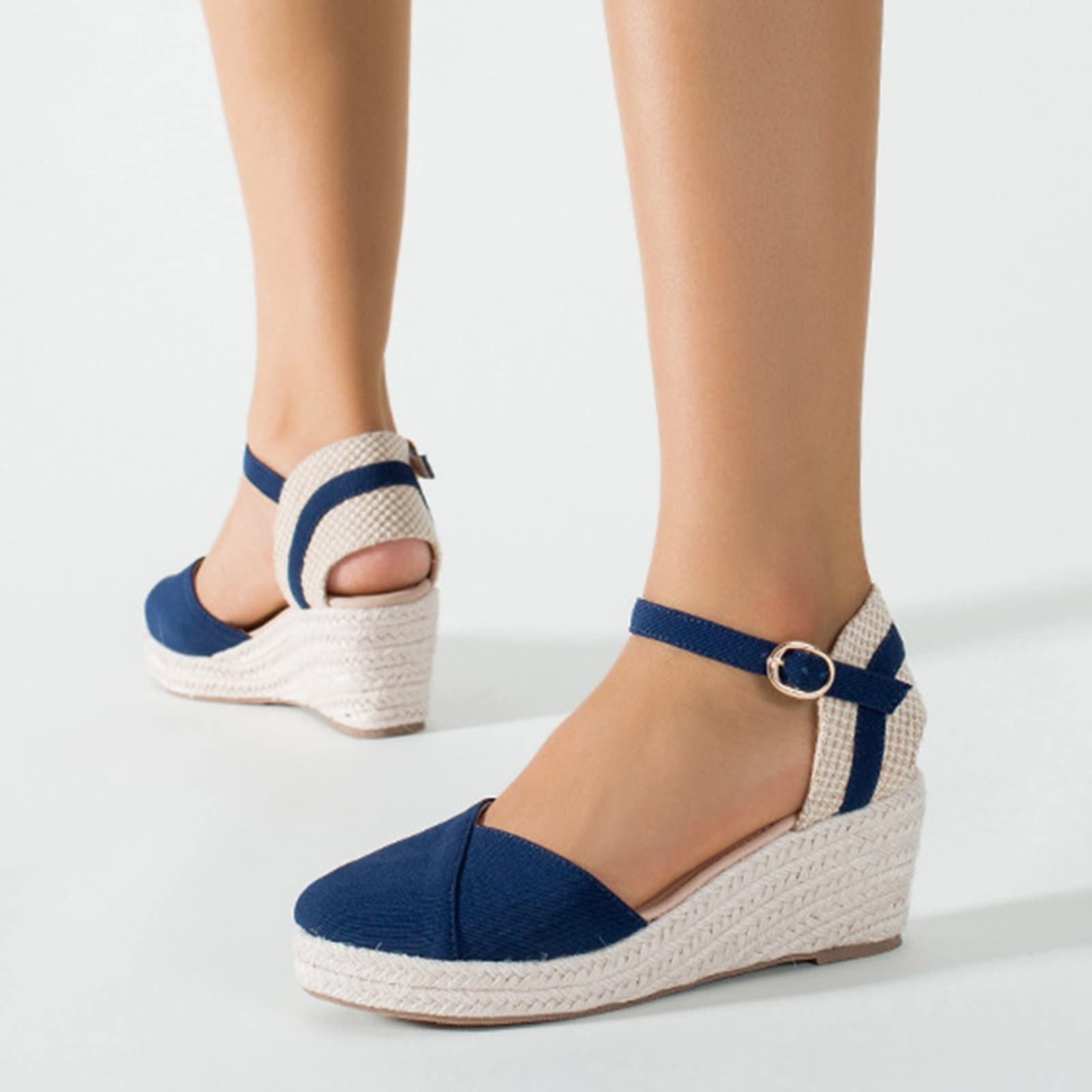 Women Sandals Summer New Pattern Linen Fashion Round Toe Thick Sole Wedge Comfortable Non Womens Lace up Sandals Size 11 (Blue, 6.5)