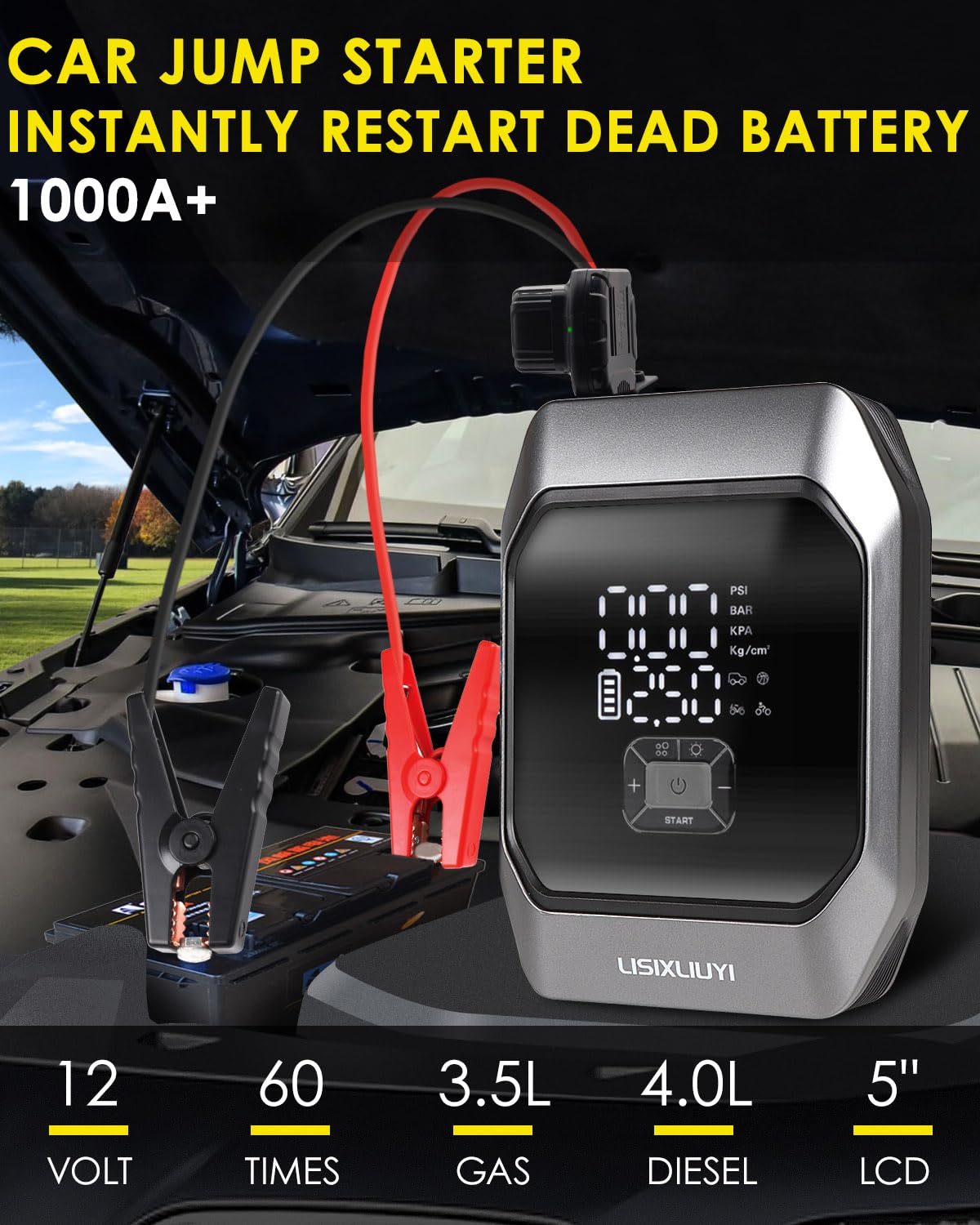 Portable Car Jump Starter with Air Compressor,160PSI Digital Tire Inflator & 8000mAh Battery Booster for 3.5L Gas Engine/4.0L Diesel Engine 12V Car Lithium Battery Safe Jump Box Pack Power Charger