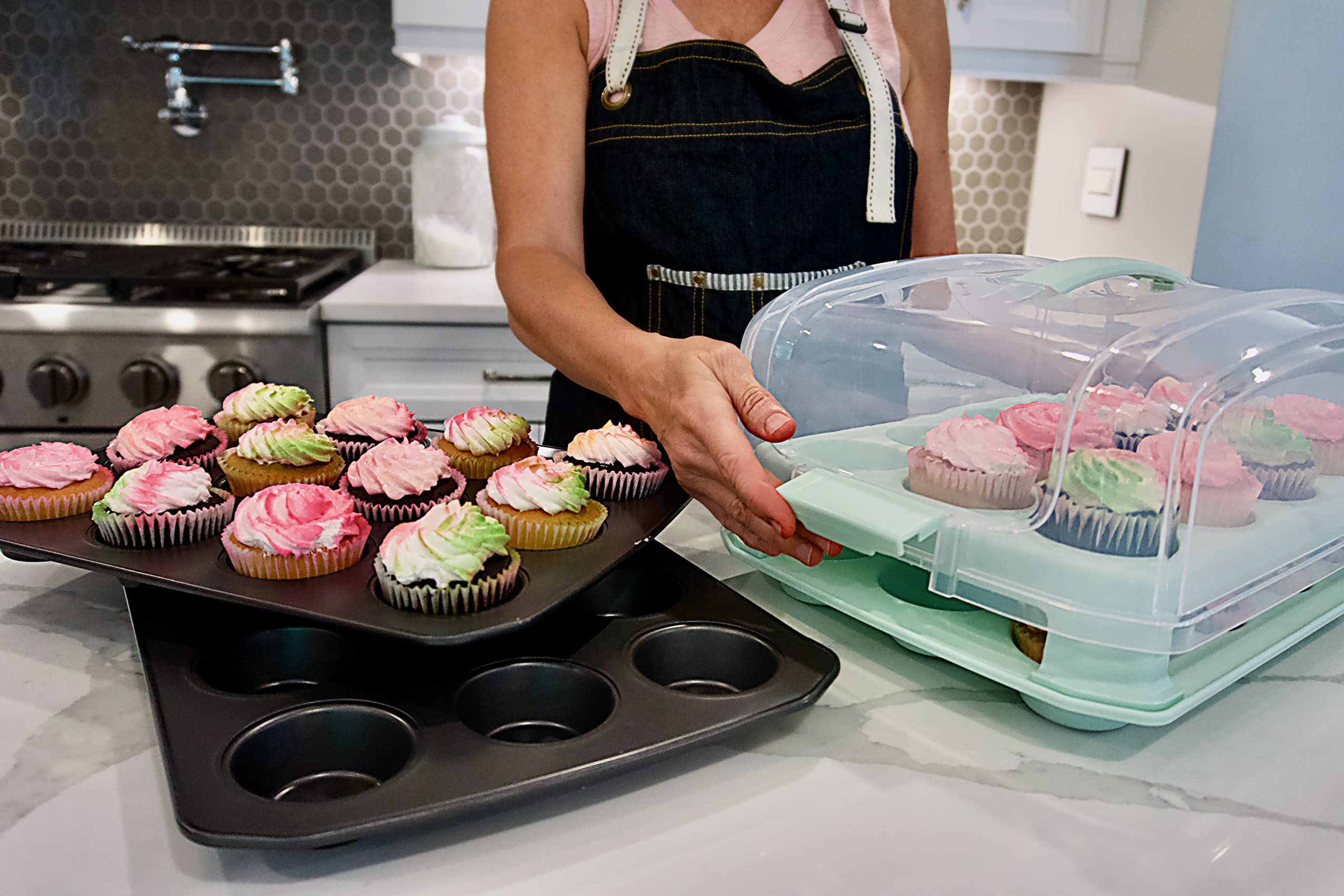 Top Shelf Elements Cupcake Carrier With Two Muffin Pan/Cupcake Pan Stylish Cupcake Carrier With Handle Carrier Holds 24 Cupcakes Muffin Tin Holds 12 Cupcakes Non Stick Cupcake Tray For Baking (Green)