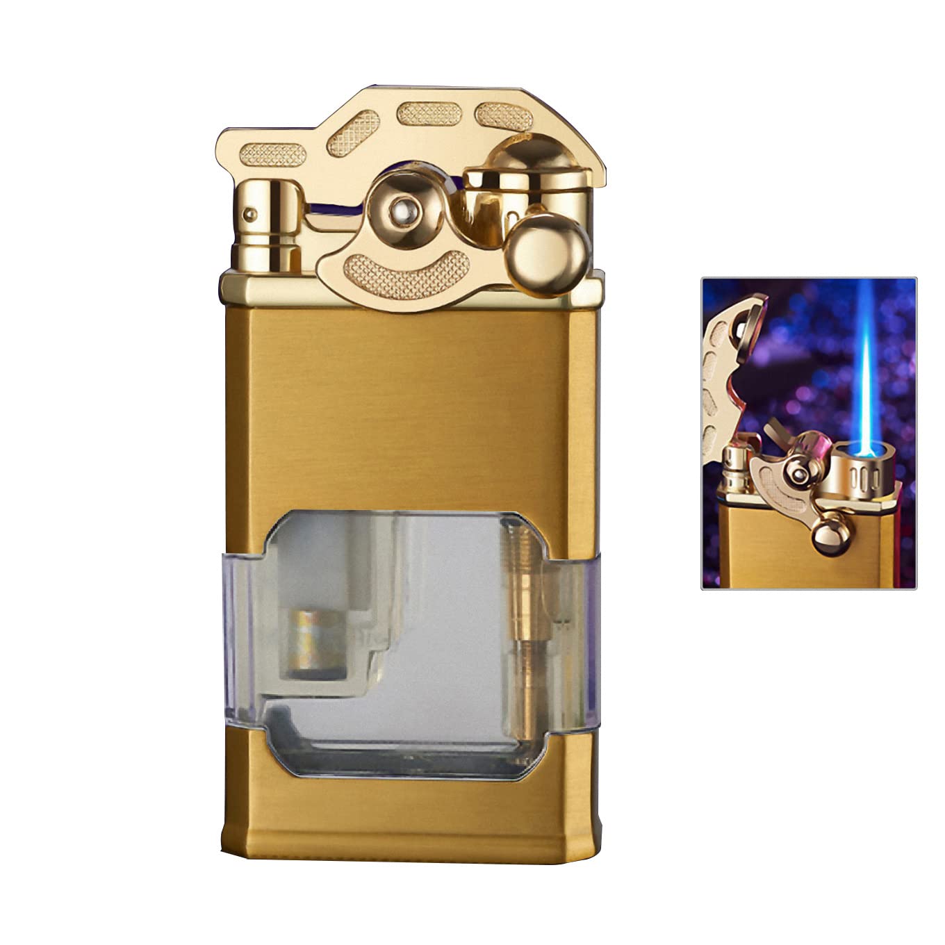 Rocker Arm Lighter, Butane Torch Lighter, Windproof Butane Fuel Lighters, Refillable Adjustable with Visible Window Jet Flame Lighters for Fireplace Candle Camping BBQ(Without Gas)