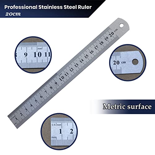 zmr 2 Pack Stainless Steel Machinist Engineer Ruler, Metric British Ruler with 1/10, 1/16, 1/20, 1/32Inch and 0.5mm,0.1cm for Engineering, School, Office, Architect, and Drawing (8Inch/2Pack)