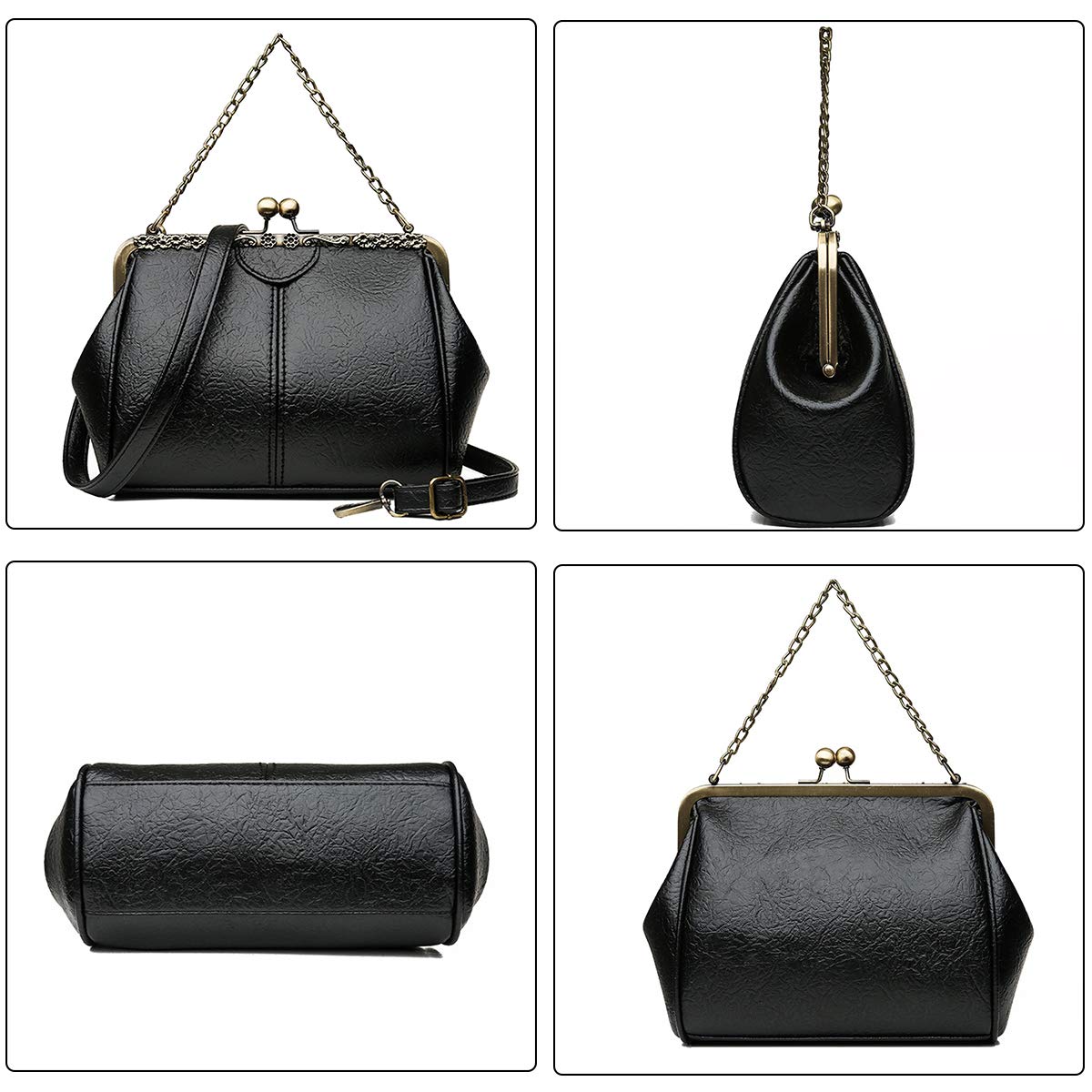 Segater Women Small Retro Kiss Lock Handbag and Purses PU Leather Hollow Tote Shoulder Bag Satchels with Chain Black