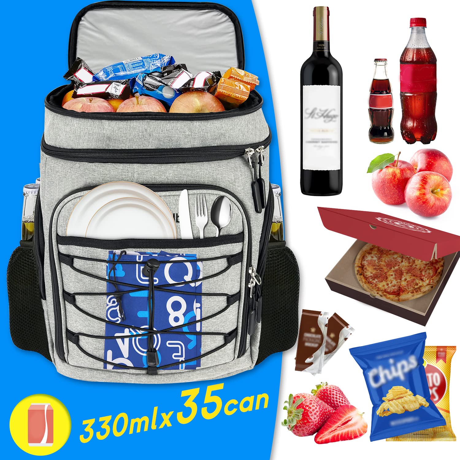 yuzerfortalbe Backpack Coolers Insulated Leak Proof 35 can, Insulated Backpack Soft Beach Cooler Bag for Lunch Picnic Fishing Hiking Camping Gray