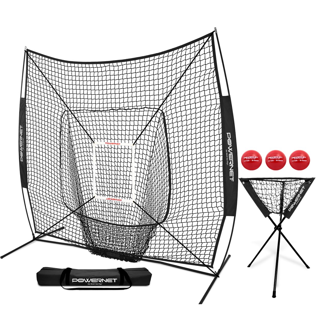 PowerNet Corbin Carroll DLX Combo 6 Piece Set for Baseball Softball | 7x7 Practice Net Bundle w/Strike Zone, Ball Caddy + 3 Weighted Training Balls | Team or Solo Training | Hitting & Throwing (Navy)