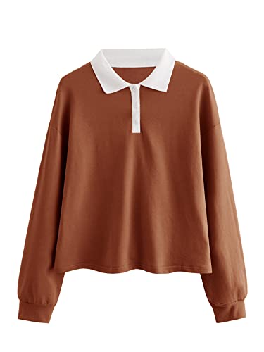 Verdusa Women's Button Front Polo Collar Drop Shoulder Pullover Top Sweatshirt Brown S