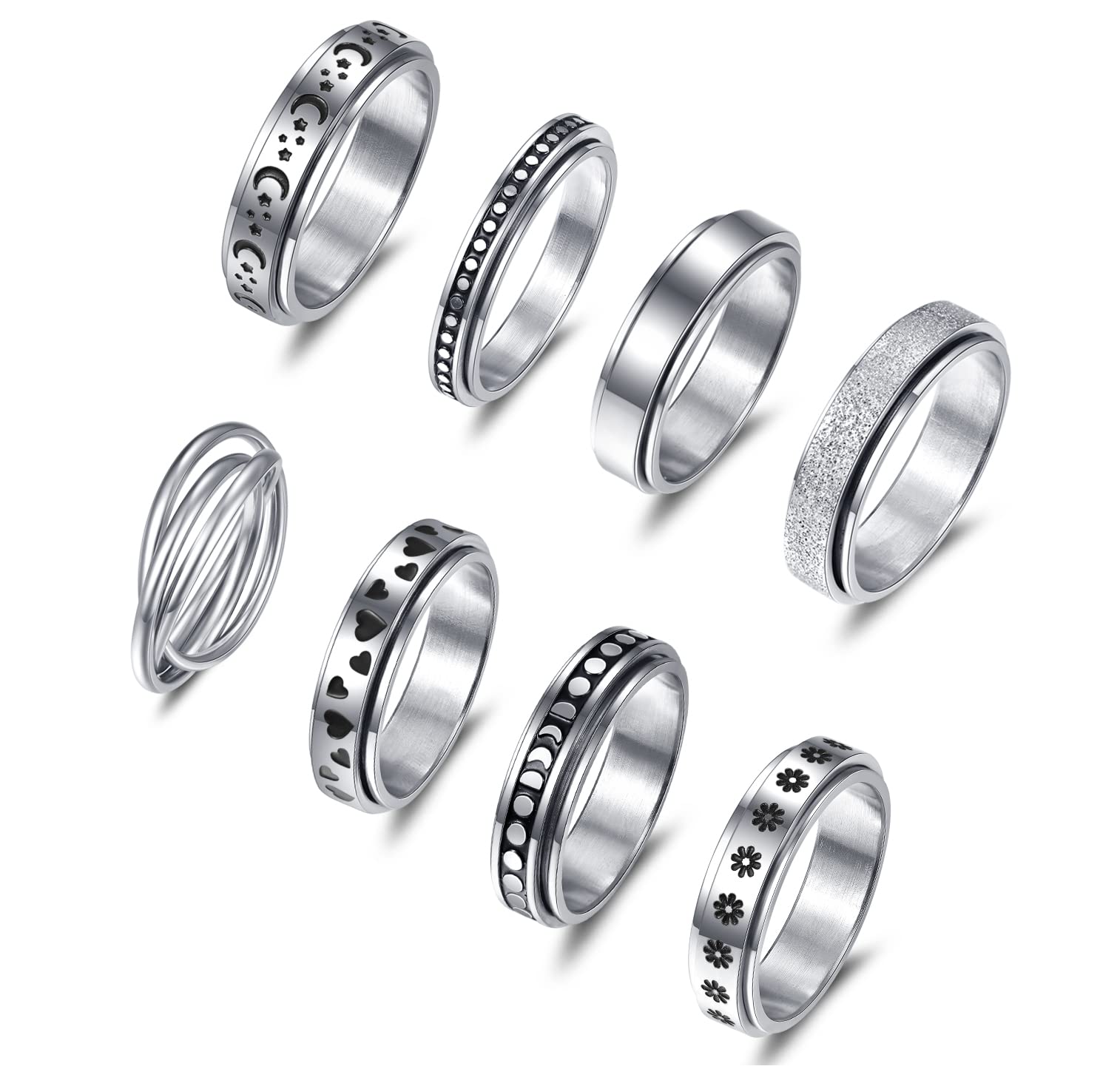 Vakki 8 PCS Stainless Steel Spinner Ring for Women Stars Moon Sun Spin Double Rotation Wedding Rings Promise Ring Birthday Gift Size 9