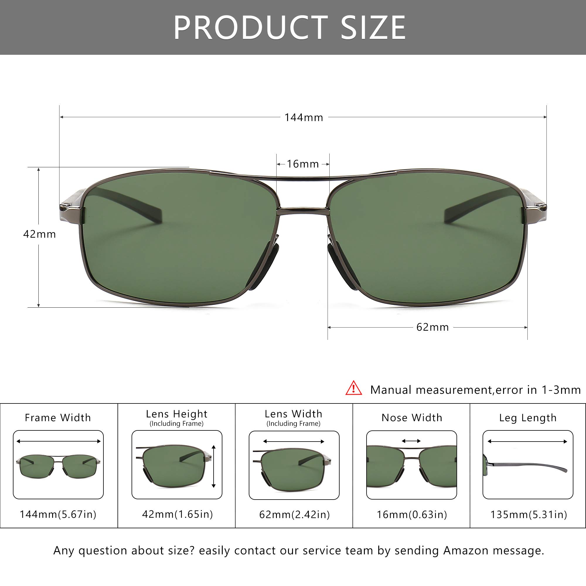 SUNGAIT Ultra Lightweight Rectangular Polarized Sunglasses UV400 Protection (Gunmetal Frame Green Lens, 62) Metal Frame 2458 QKMLV