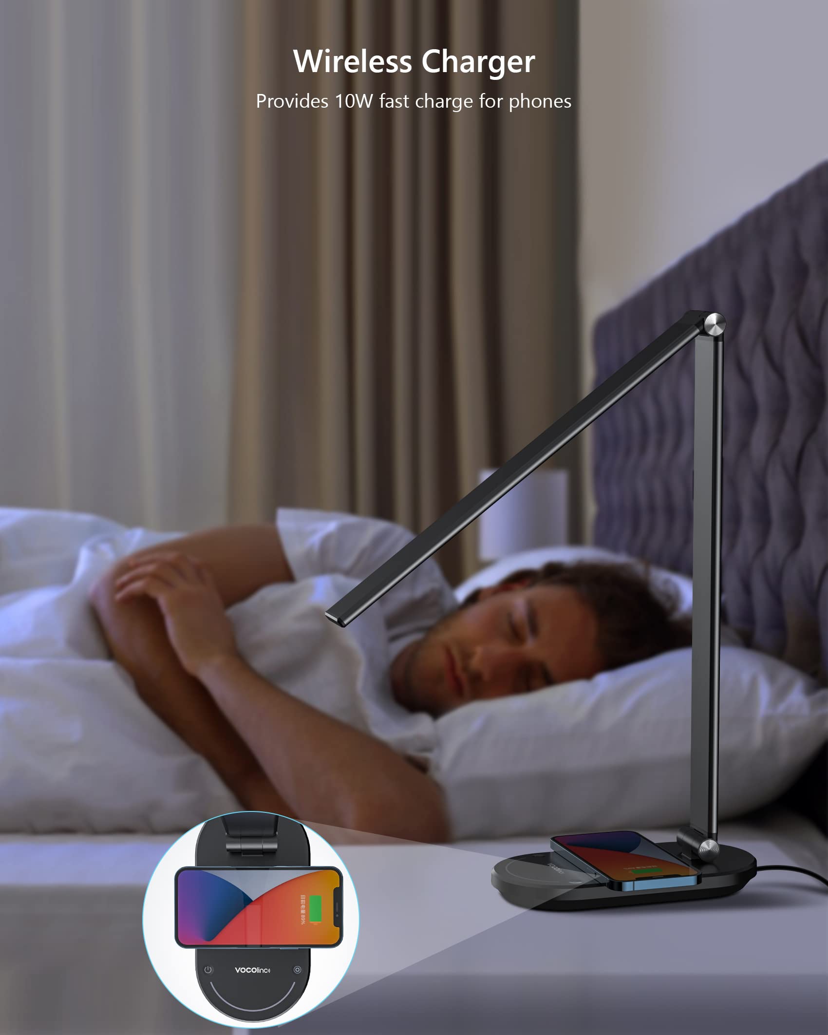 VOCOlinc LED Desk Lamps for Home Office, Voice Control Desk Light with Multiple Lighting Modes, Stepless Dimming, Table Light with APP Control, Wireless Charger, Work with Alexa Siri Google