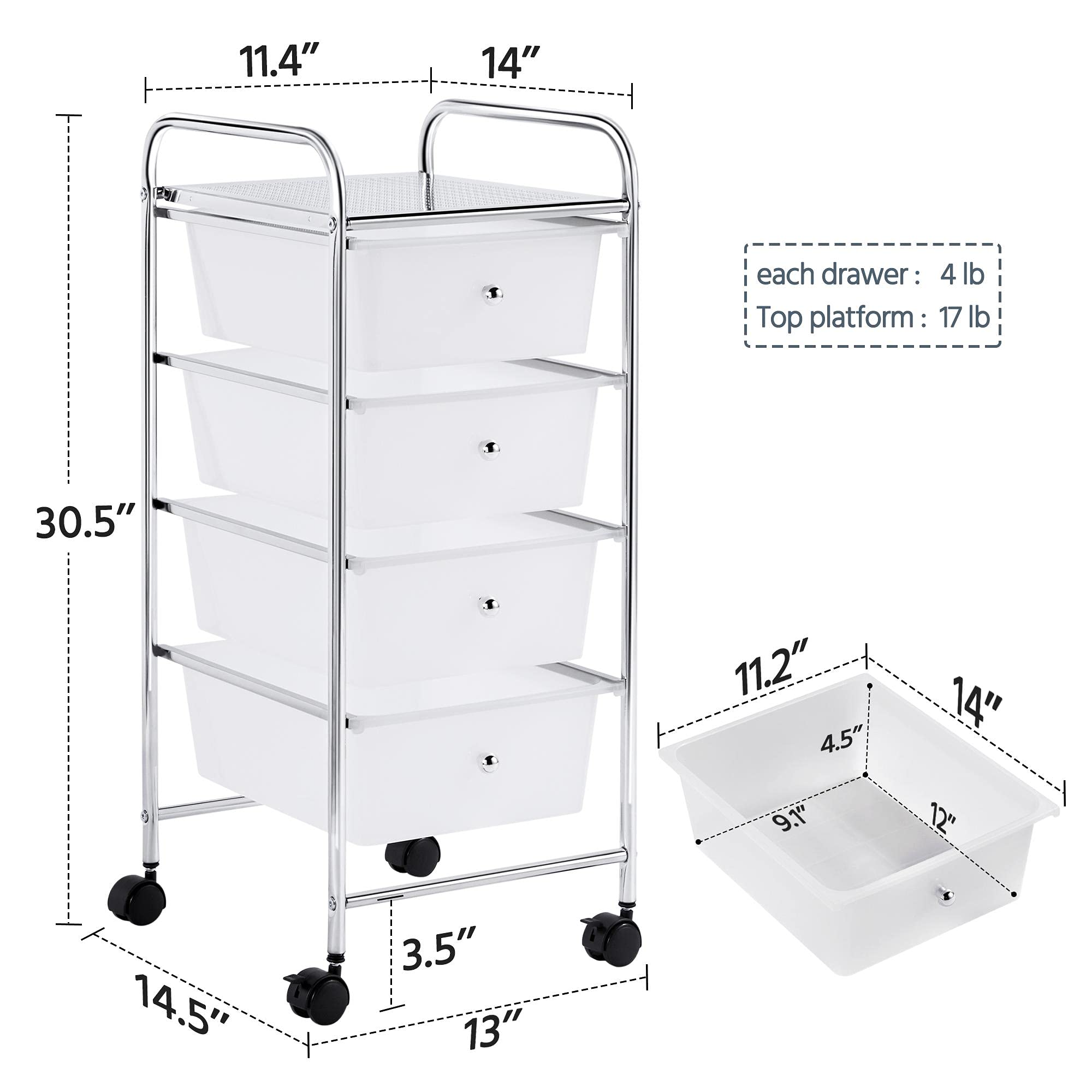 Topeakmart 4 Tier Rolling Storage Cart with Removable Drawers Plastic Trolley Organizer craft cart organizer with drawers 360 Castor Wheels Cart, White