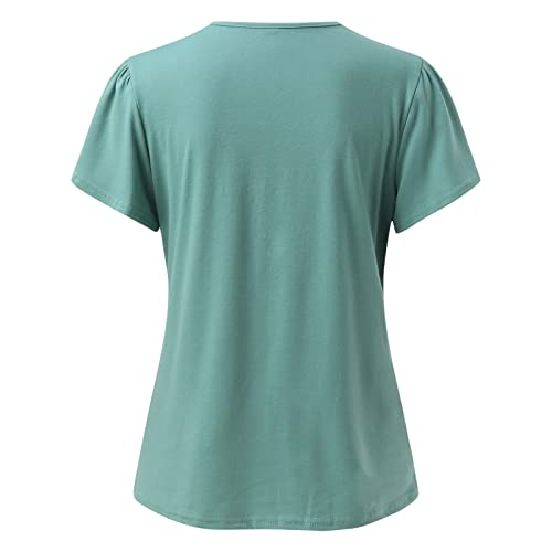 Women's Casual Summer V Neck Solid Color Hollow Gold Lace Stitching Bubble Short Sleeve Loose T Shirt Top