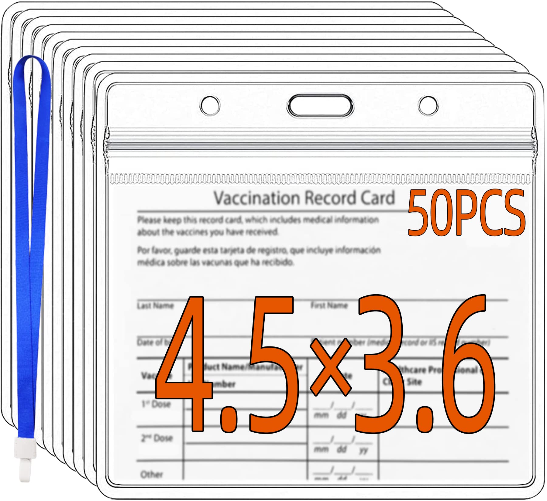 Waterproof Vaccine Card Protector - 50 Pack Plastic ID Holder for Vaccination Clear Sleeves with Lanyard Vax Document Holders Resealable Zip, PVC Material- 4.5 inch x 3.6 inch