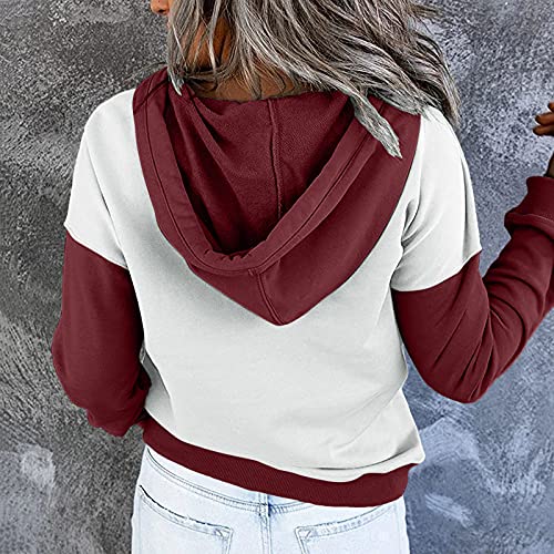 Women's Color Block Hoodies Tops Long Sleeve Stripe Print Casual Drawstring Button Pullover Sweatshirt with Pocket