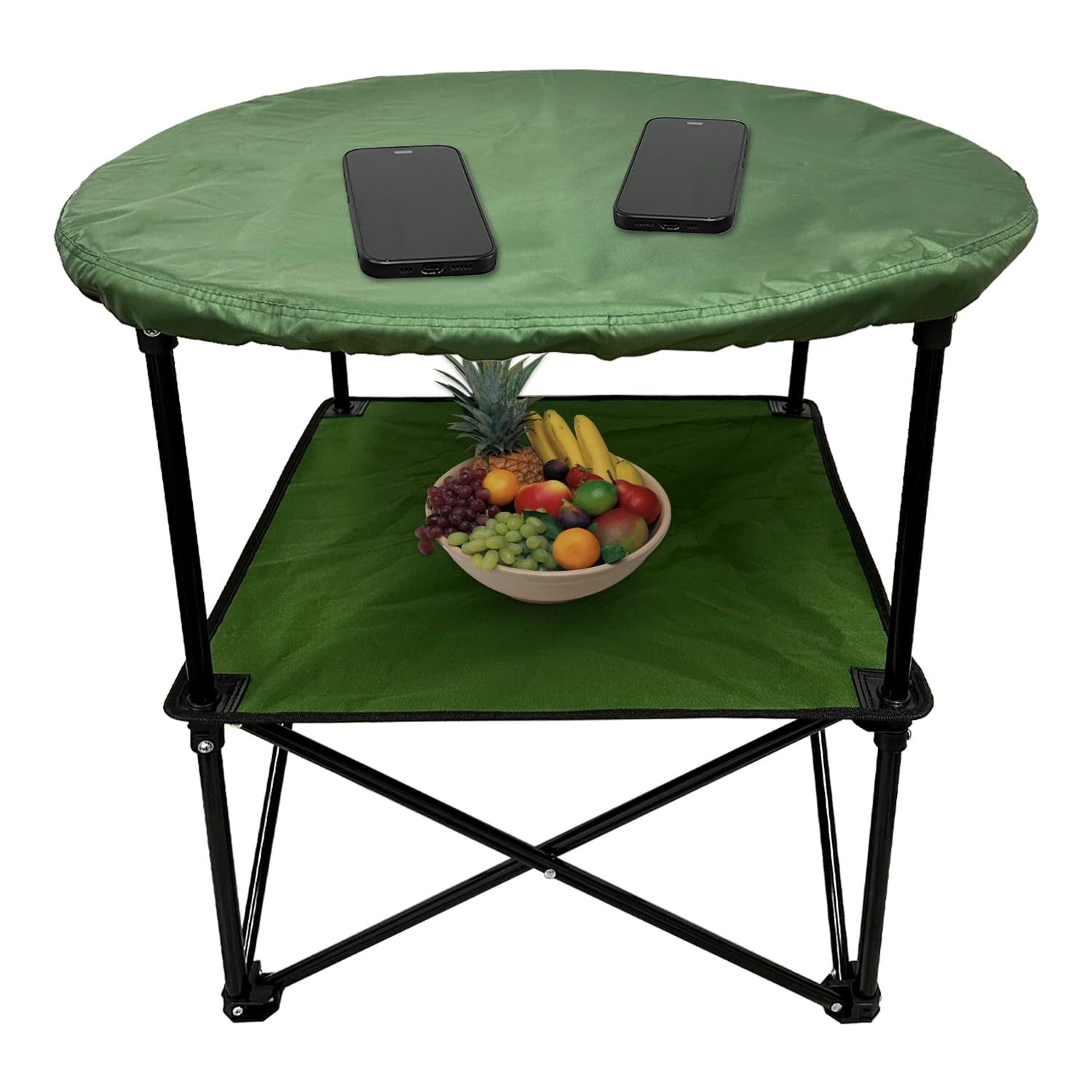 Portable Outdoor Camping Folding Round Table, Double Layer Picnic Table with Four Cup Holes and Carry Bag, Table Suitable for Outside, Beach and BBQ (Army Green)