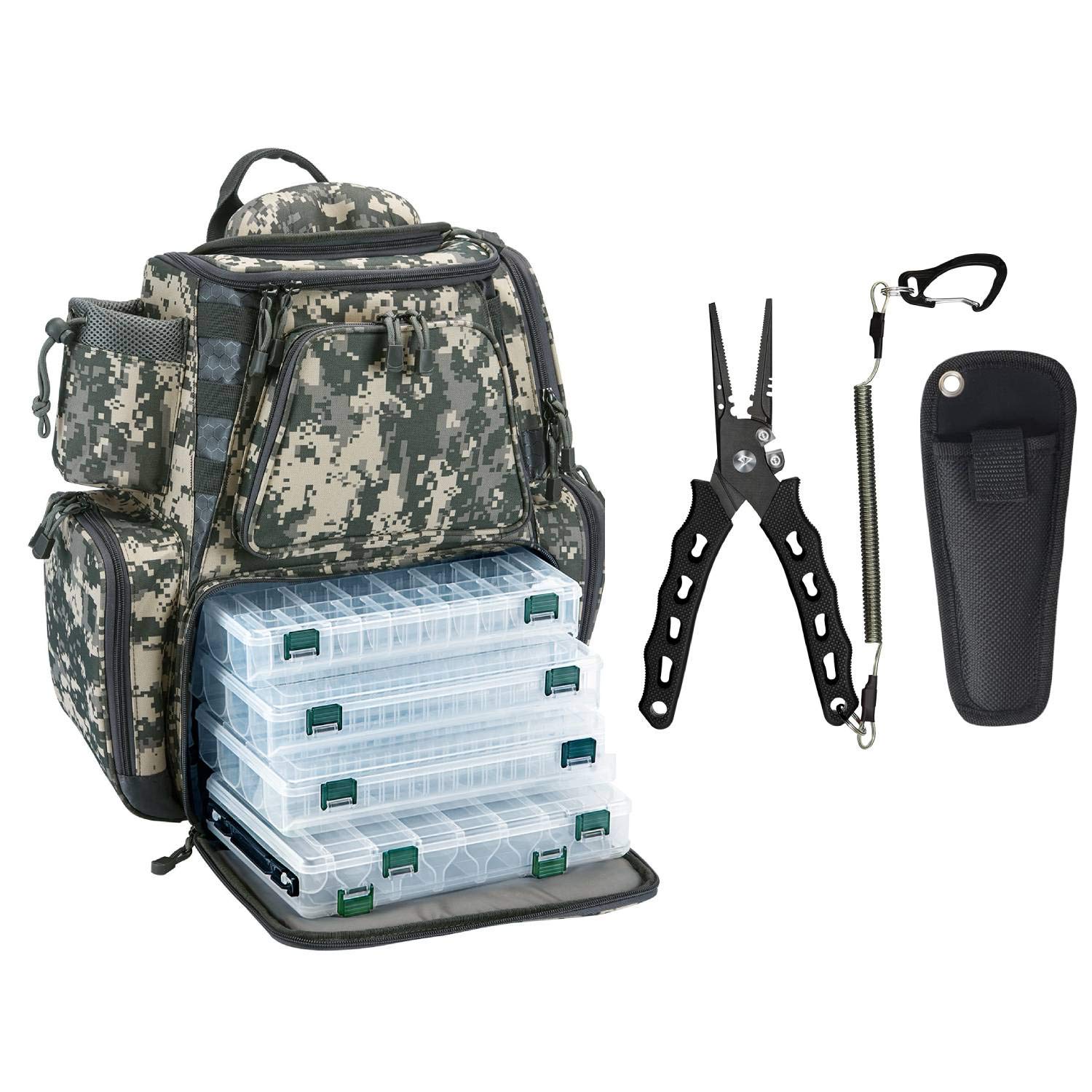 Piscifun Fishing Tackle Backpack Digital Camouflage Backpack with 4 Trays Bundle with SXP Fishing Pliers Black Handle - Straight Nose