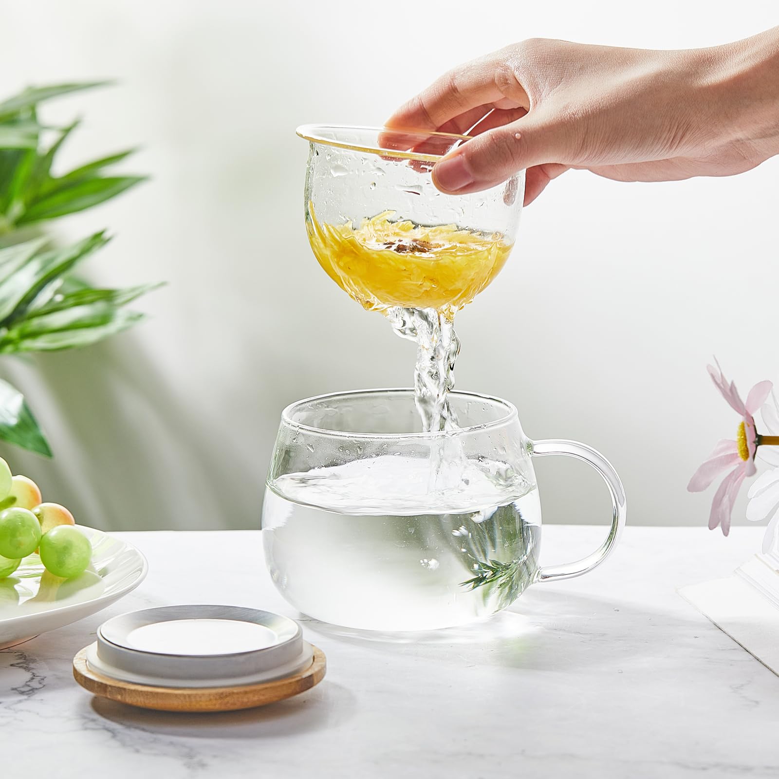 Uiifan Set of 2 Glass Tea Cup with Infuser and Lid 11.8 oz Clear Glass Mugs Thickened Glass Tea Infuser Cup with Removable Strainer for Steeping Blooming Tea Loose Leaf Tea Bag Family Daily