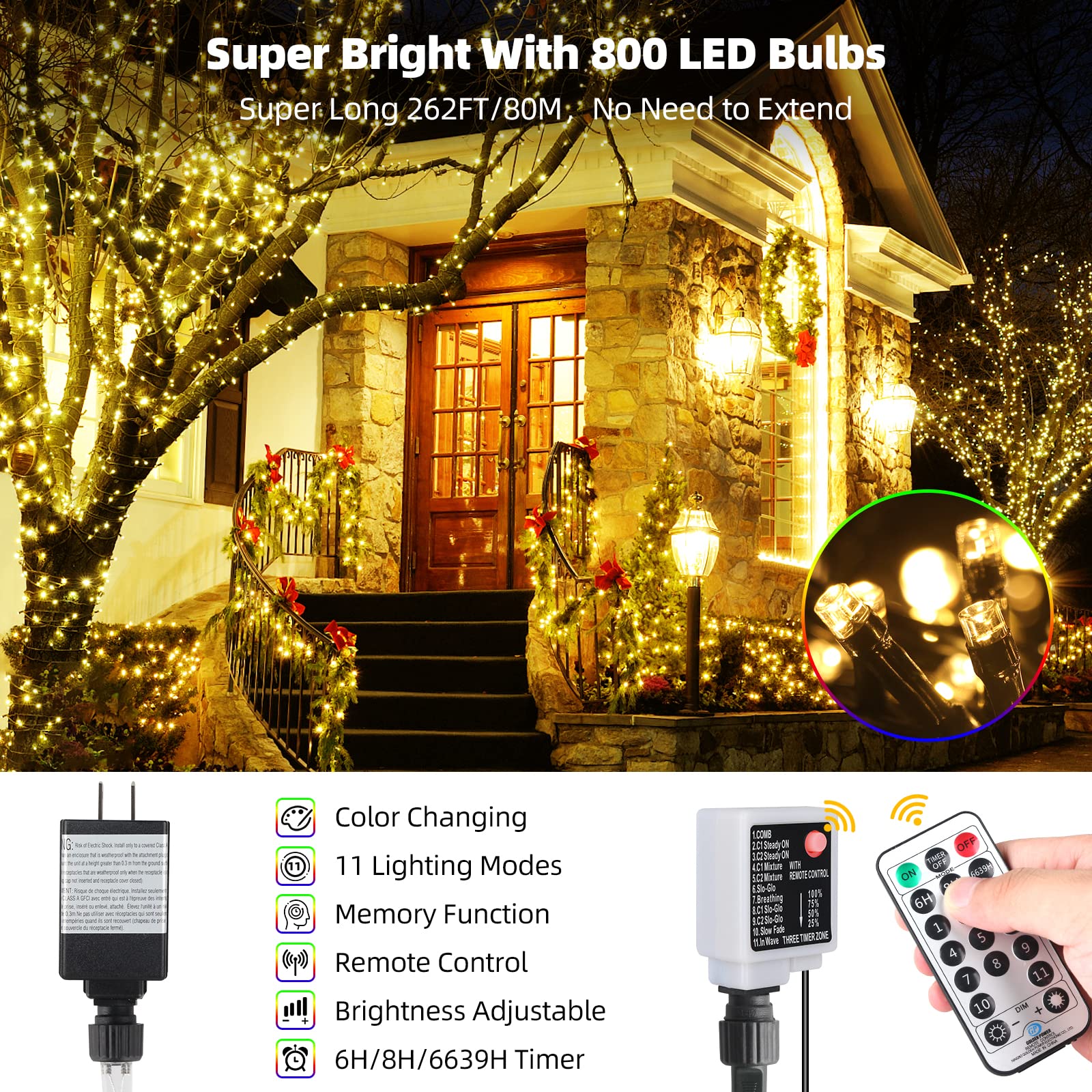 Tcamp 105ft 300 LED Christmas Tree Lights Outdoor Indoor String Lights End to End Plug Memory Function UL Certified 8 Modes Fairy Lights for Christmas Tree Party Wedding Holiday Decor (Warm White)