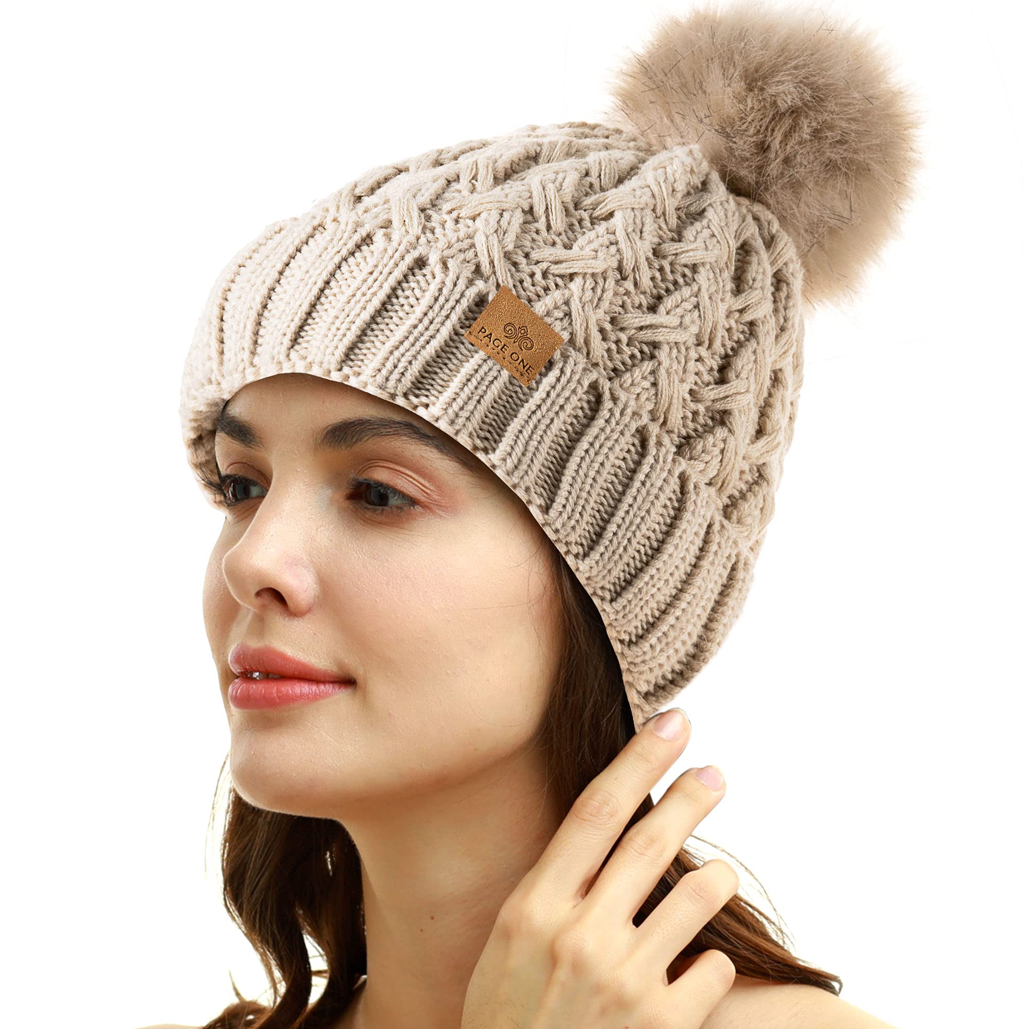 PAGE ONE Womens Winter Ribbed Beanie Crossed Cap Chunky Cable Knit Pompom Soft Warm Hat Rose Red