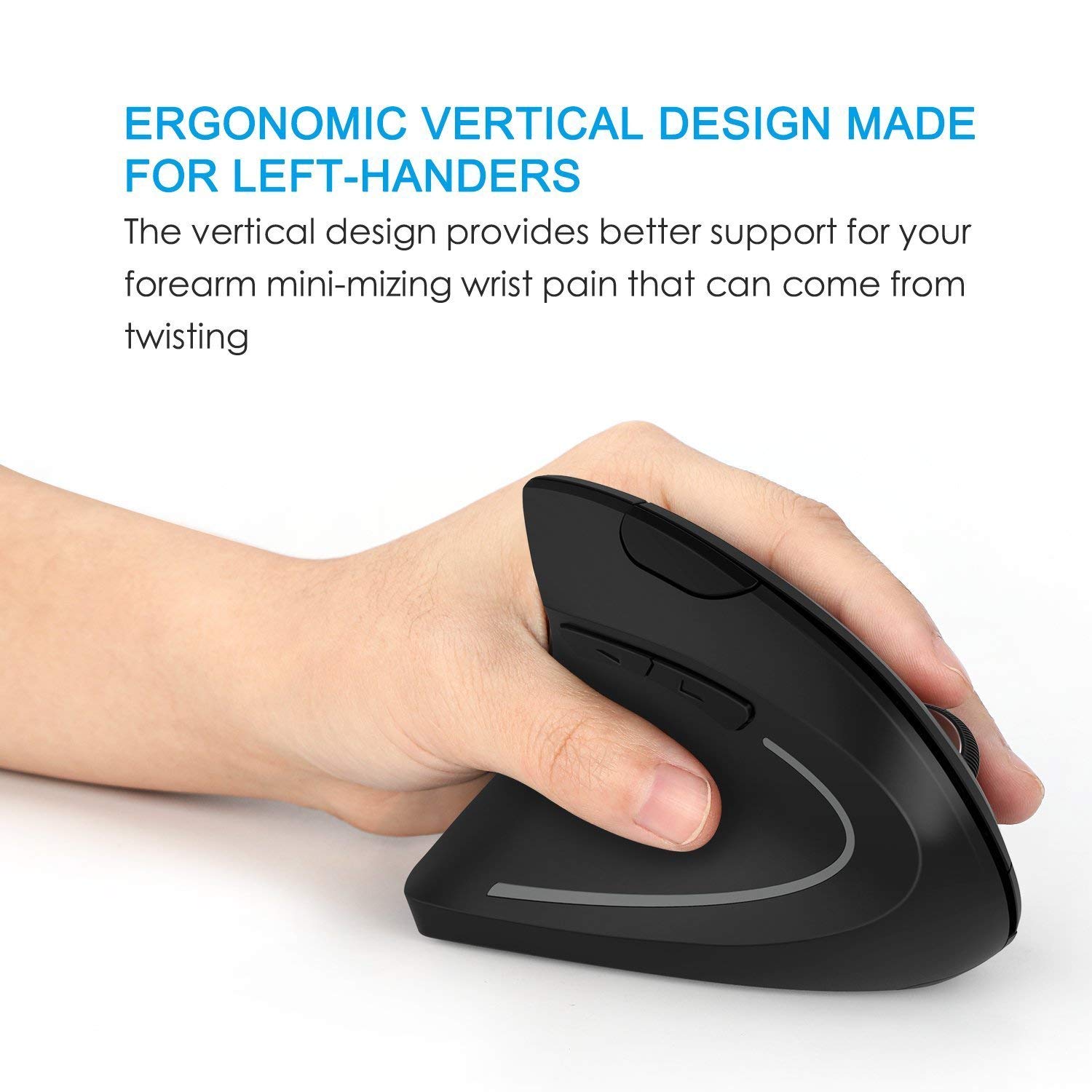 Rechargeable Left Handed Cordless Mouse, Left Ergonomic Wireless Mouse - 2.4G Left Hand Vertical Mice with USB Nano Receiver, 6 Buttons, Adjustable DPI 1000/1200 /1600, Less Noise - Black