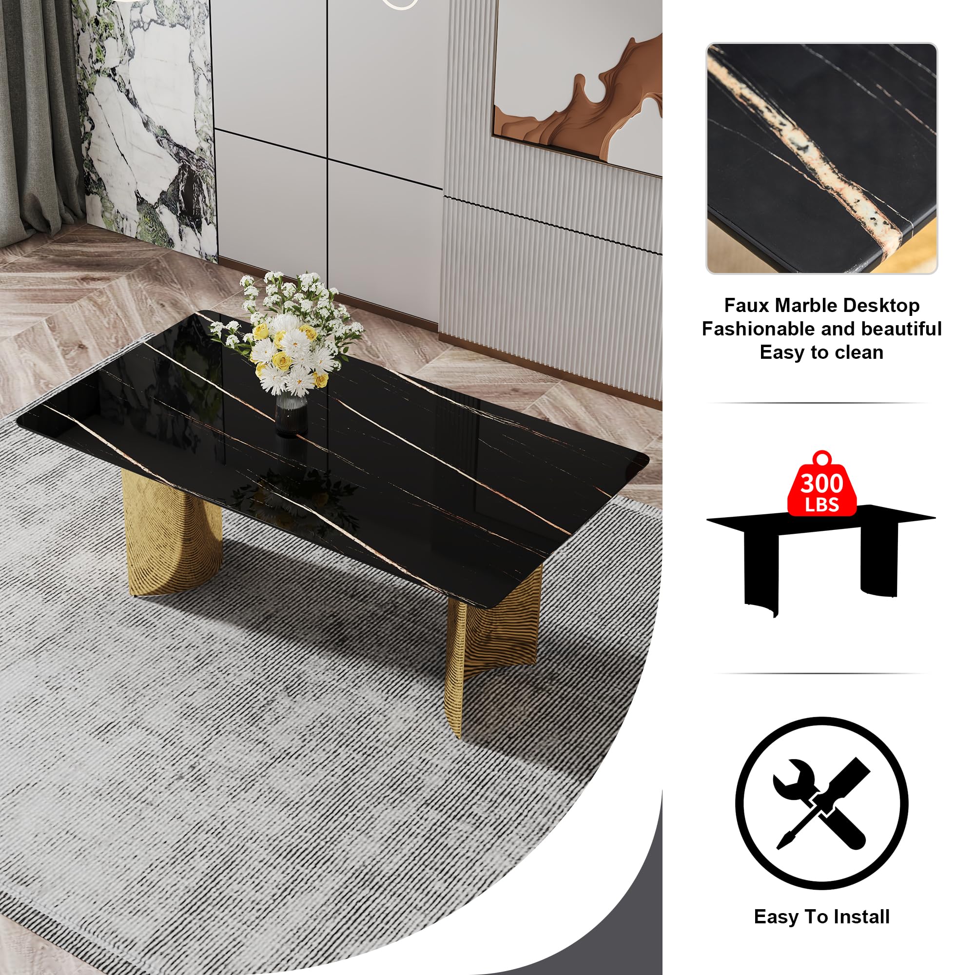 Pvillez 63" Dining Table, Imitation Marble Dining Table Set for 6 8, Modern Kitchen Table and Chairs for 4 6, Dinner Table with Craft Glass Desktop Steel Legs (Table2)