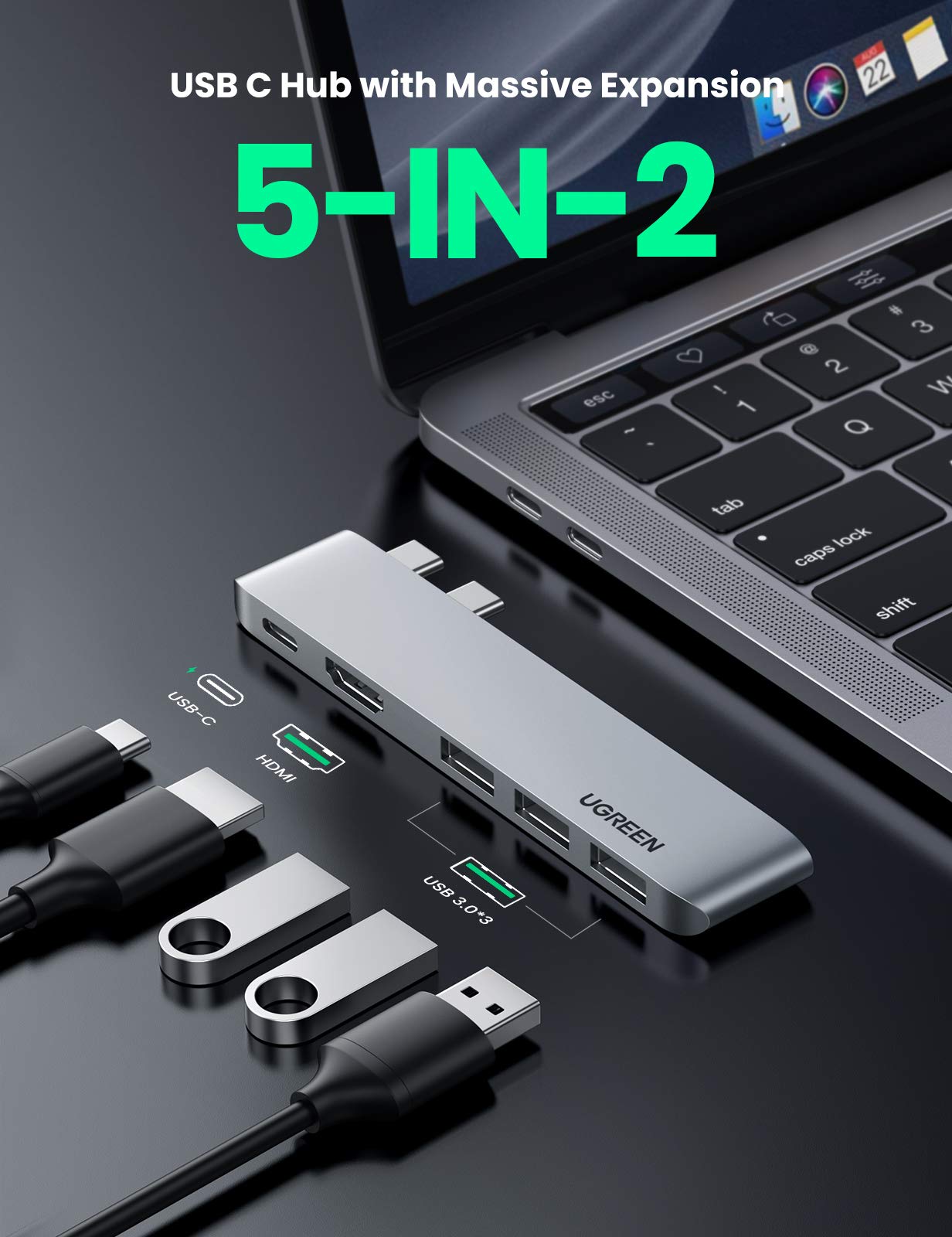 UGREEN Hub USB Type C to 4K HDMI Thunderbolt 3 100W Power Delivery 3 USB 3.0 Port Adapter Dock Station for MacBook Air M1 2020 2019 2018 MacBook Pro M1 2019 2018 2017, Silver