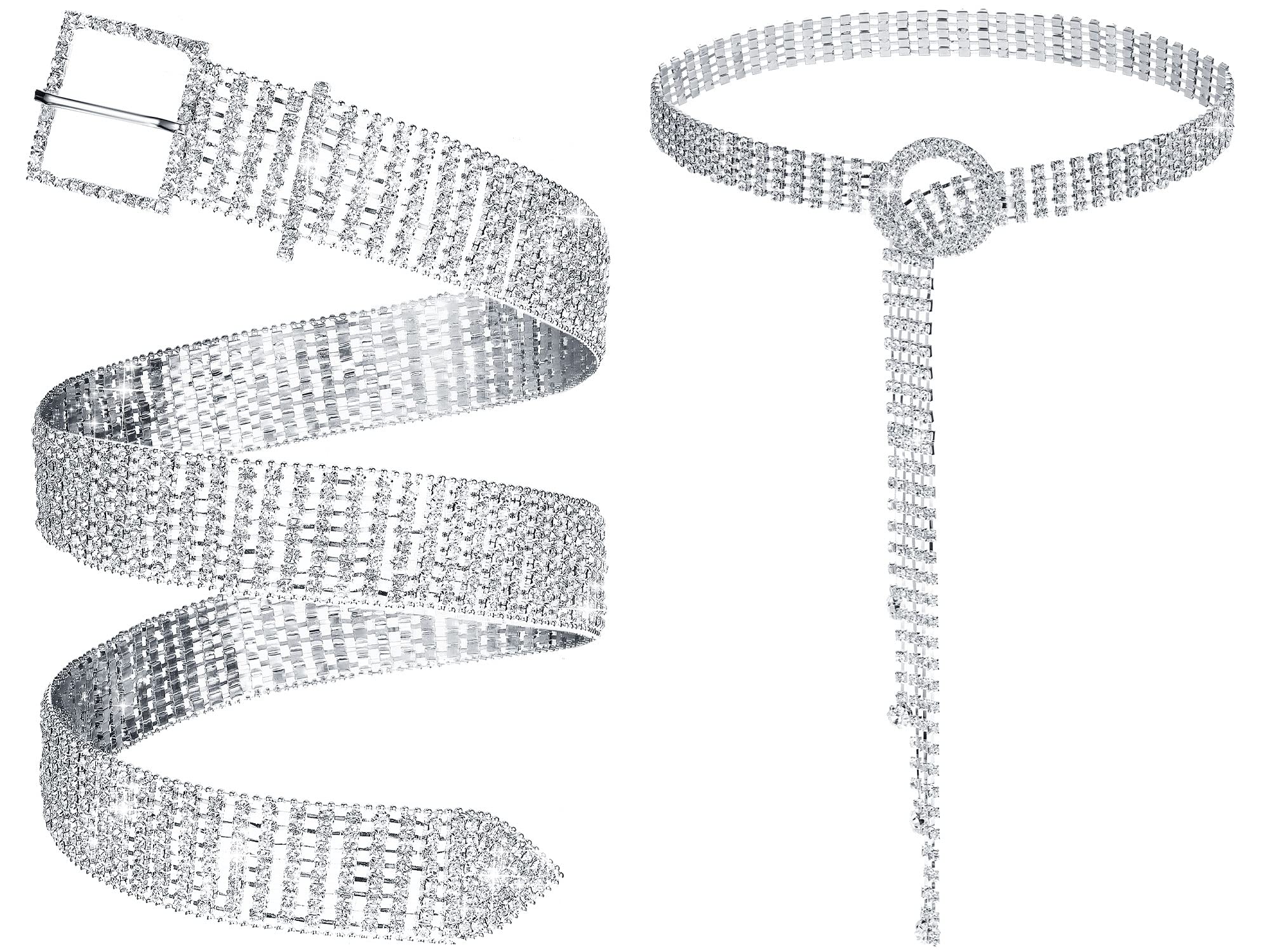 Vicenpal Rhinestone Belt 2 Pieces Shiny Crystal Ladies Waist Belt O Ring Belts for Women Wide Silver Chain Belt Bling Diamond Belt