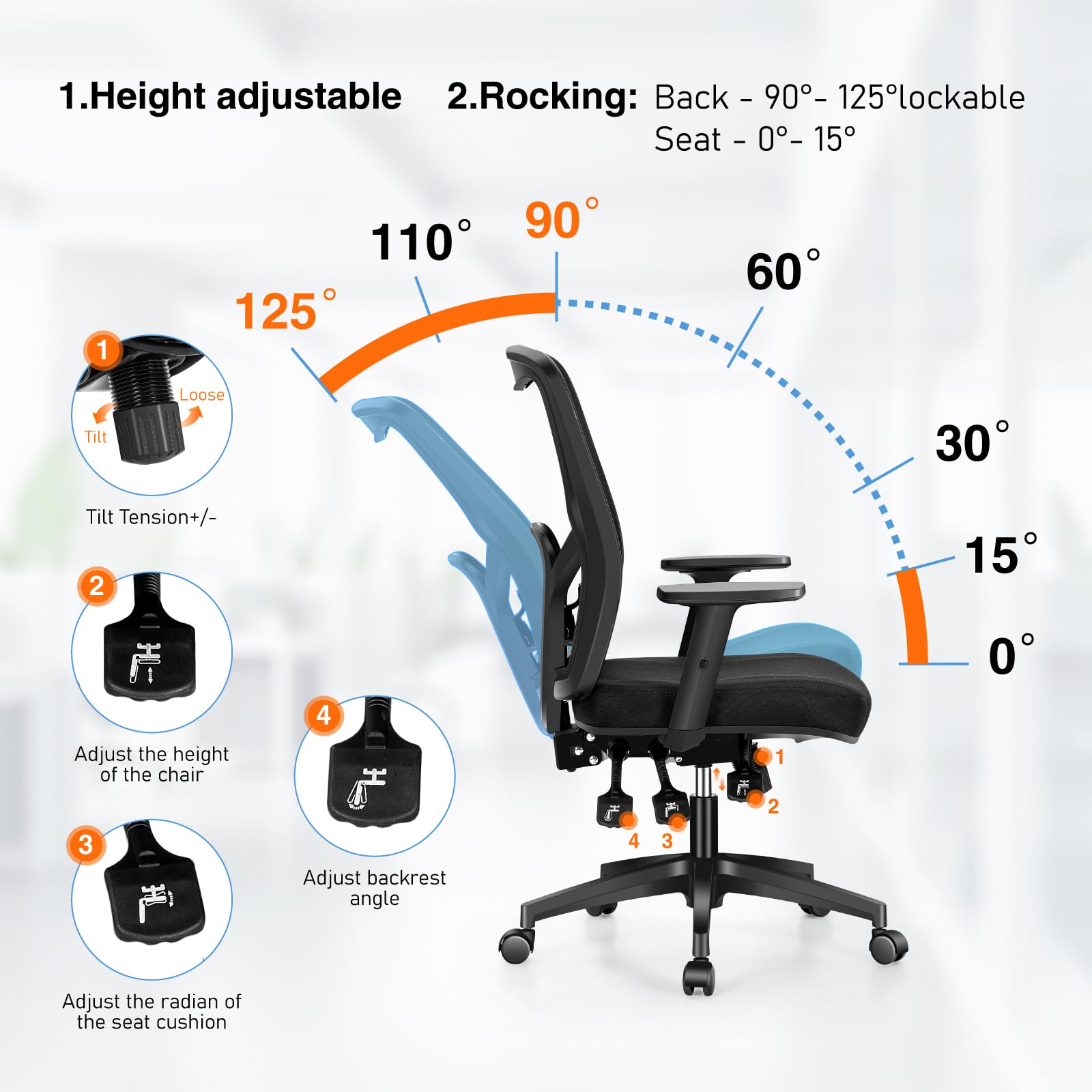 Sophia & William Ergonomic Rocking Mesh Office Desk Chair High Back, Modern 360° Swivel Executive Computer Chair with Height Adjustable Armrests, Lumbar Support, Black