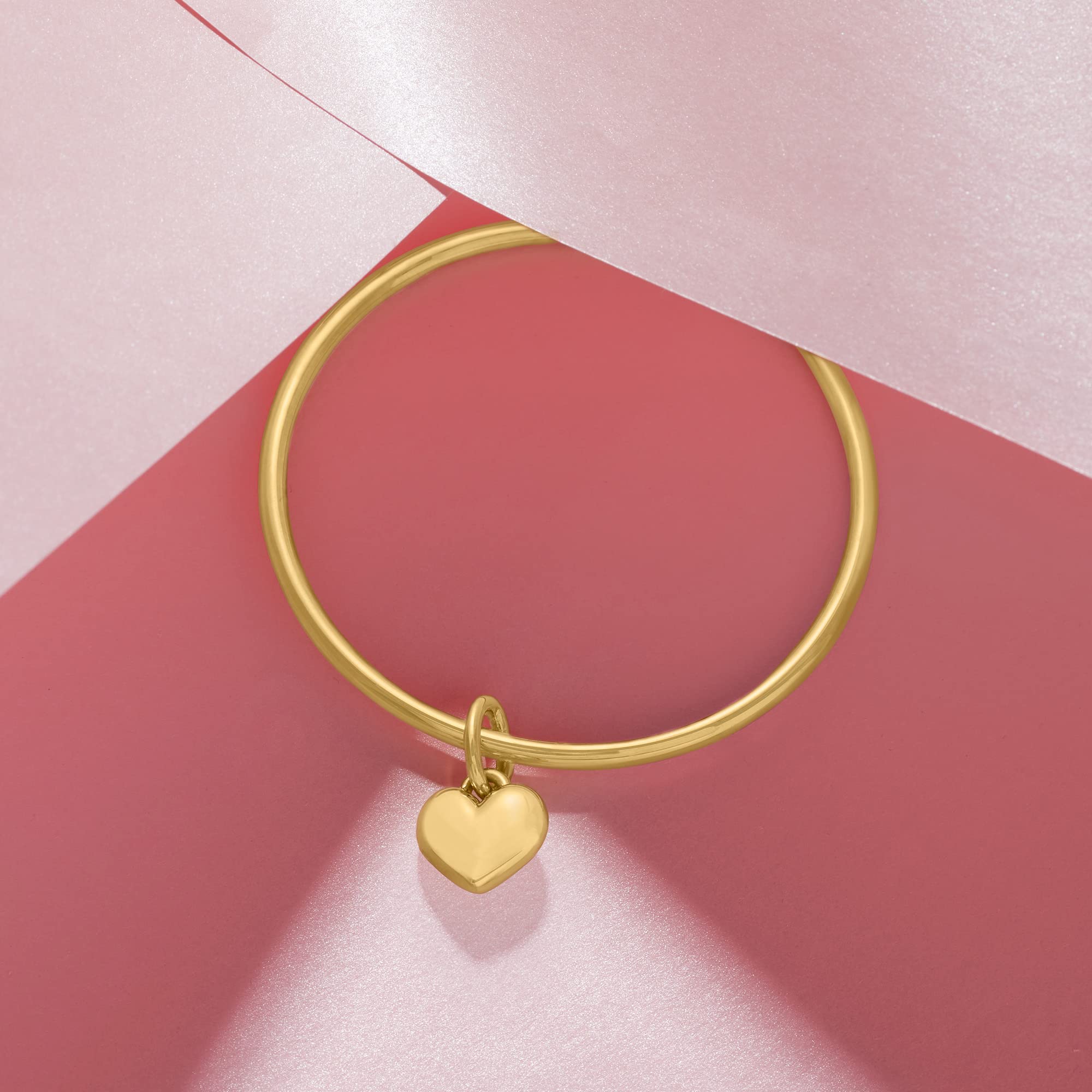 Ross-Simons Italian Andiamo 14kt Yellow Gold Over Resin Heart Charm Bangle Bracelet. 7.5 inches