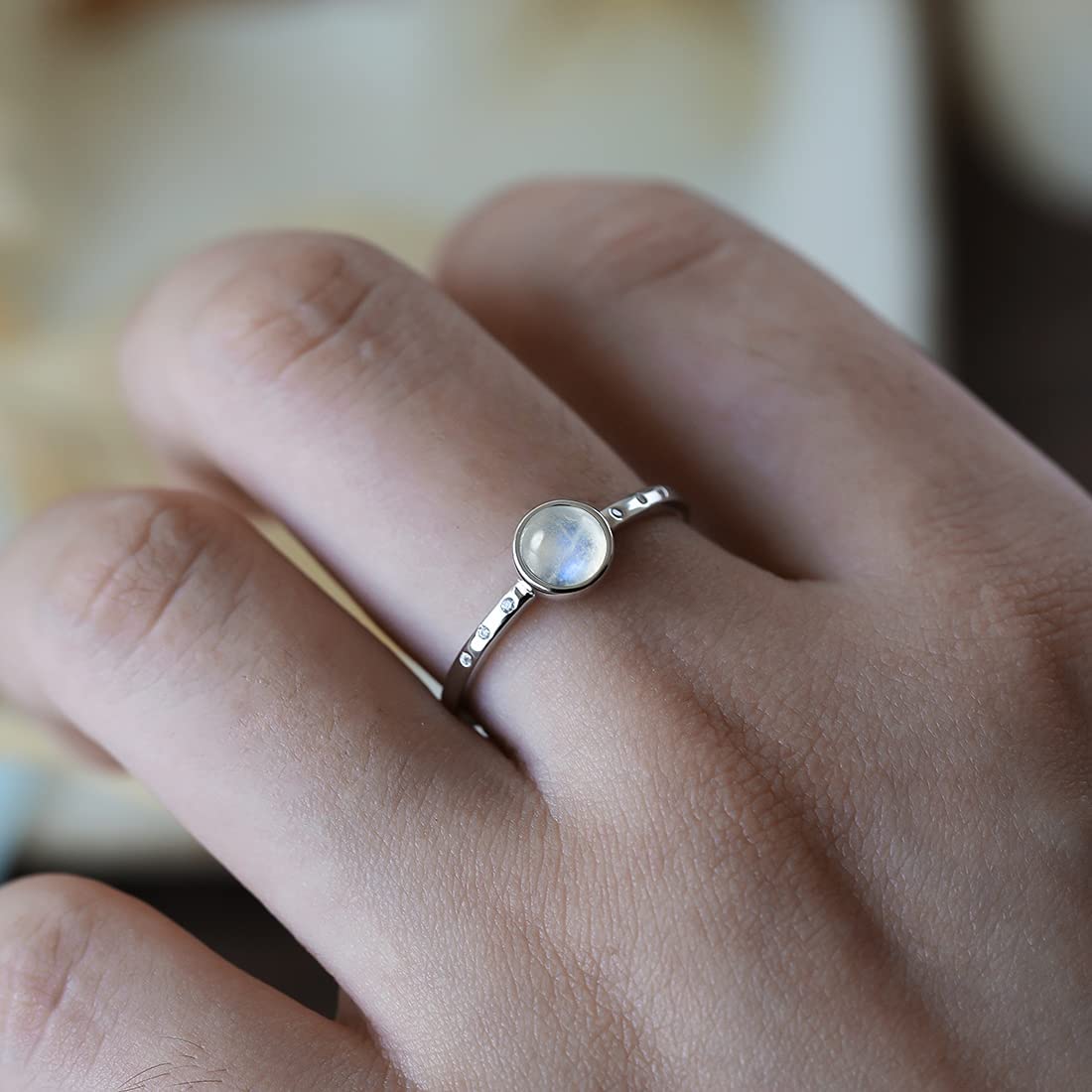 Vanel Moonstone Ring Sterling Silver Moonstone Band Ring for Women Rainbow Moonstone Jewelry with Gift Box for Promise Engagement Anniversary Wedding Ring