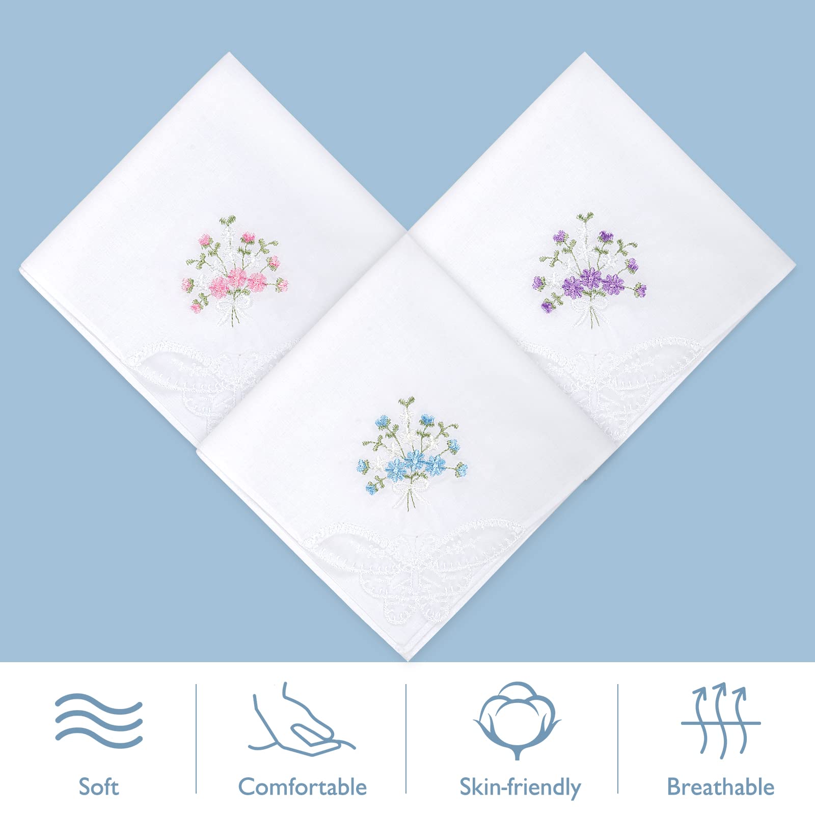 Selected Hanky Women's Cotton Handkerchiefs Flower Embroidered with Lace, Ladies Hankies 6 Pcs - Assorted