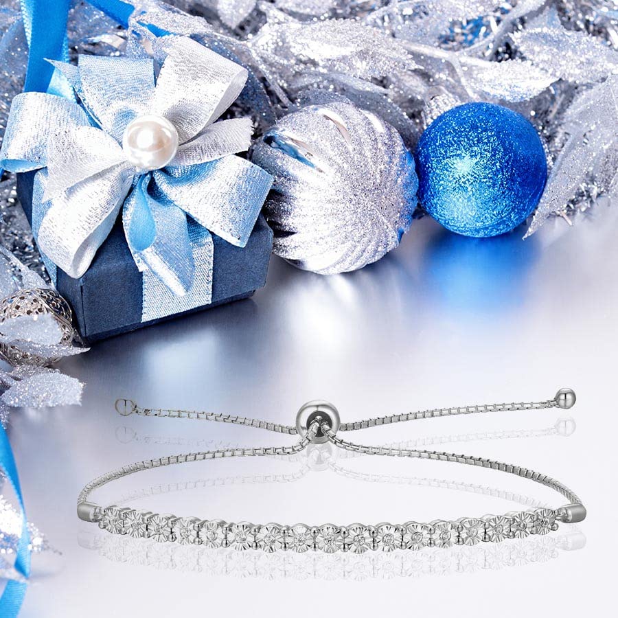 Tirafina Diamond Adjustable Bolo Bracelet for Women, Sterling Silver, Easy-On Easy-Off - 1/10 cttw (6, 7 and 8 inch Wrist Size)