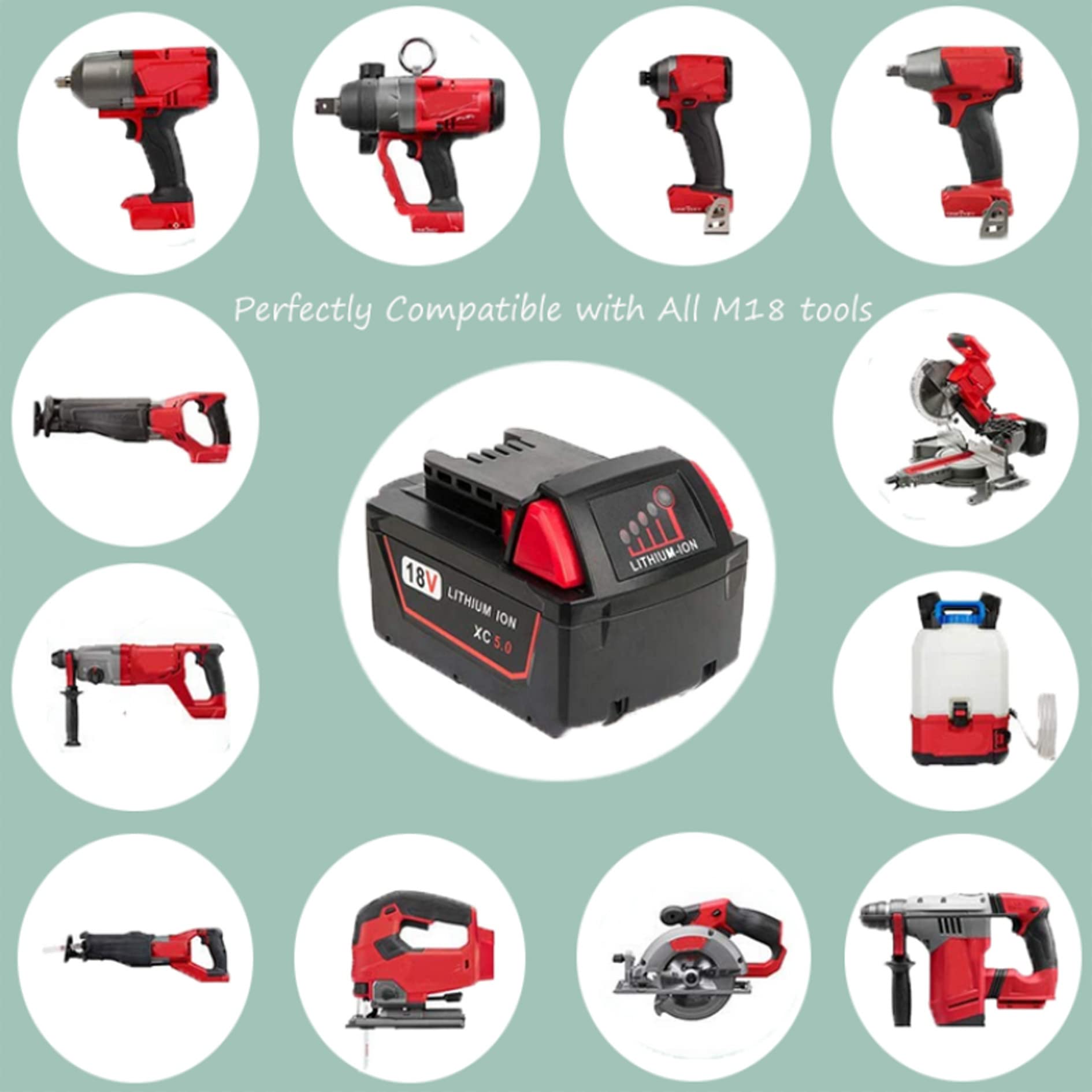 Volt1799 2PACKS 5.0Ah 18V Lithium Battery and Charger for Milwaukee M18 Battery 48-11-1820 Cordless Power Tools Batteries, Capacity Output 5.0Ah
