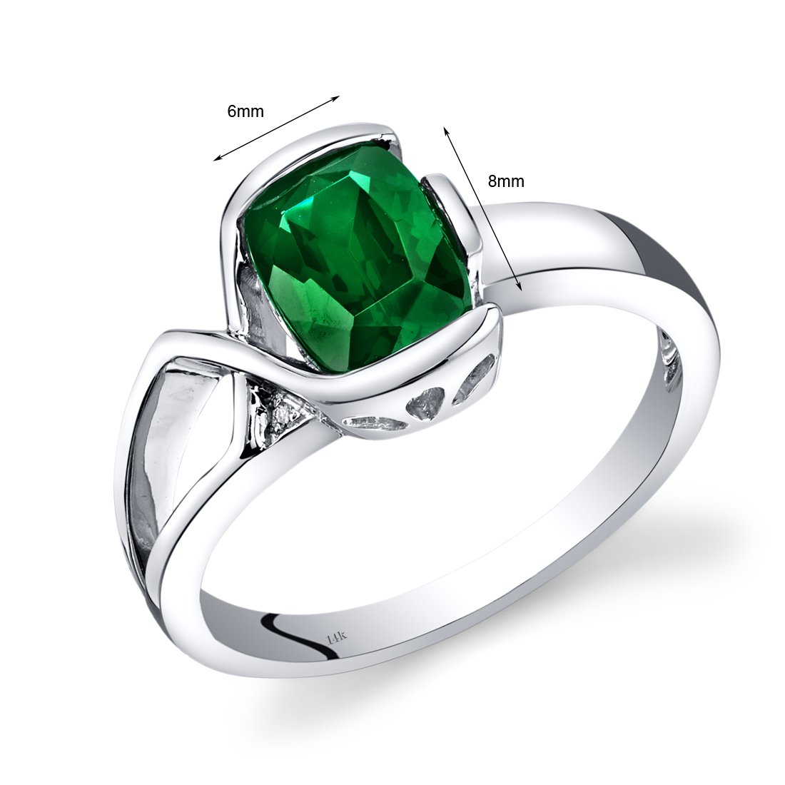 PEORA Created Emerald with Genuine Diamond Accent Classic Solitaire Gallery Ring for Women 14K White Gold, 1.26 Carats total, Cushion Cut 8x6mm, AAA Grade