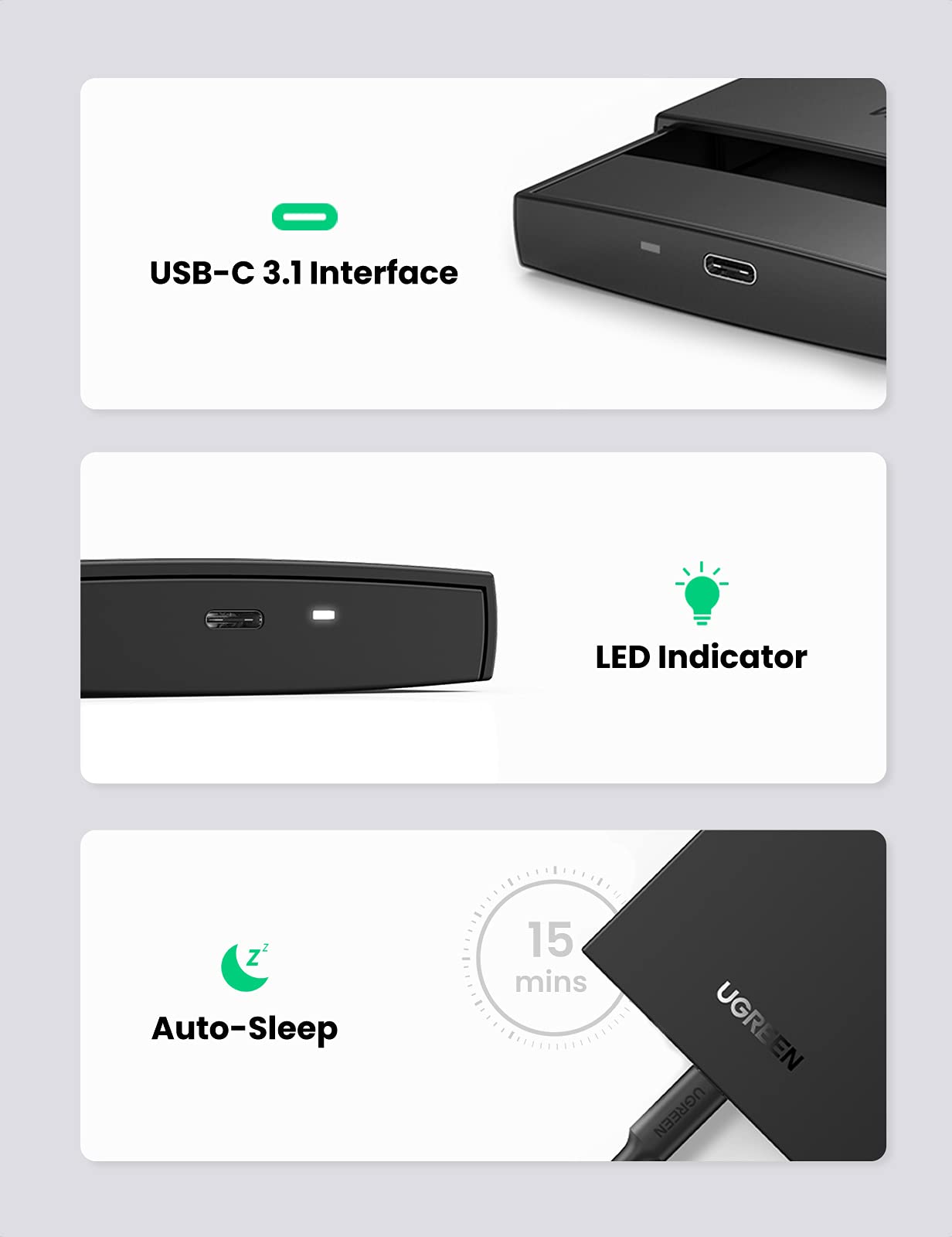 UGREEN USB C Hard Drive Enclosure USB C 3.1 Gen 2 to SATA Adapter for 2.5" SATA SSD HDD 6Gbps High-Speed Support UASP SATA III Compatible with MacBook Pro Air WD Seagate Toshiba Samsung Hitachi