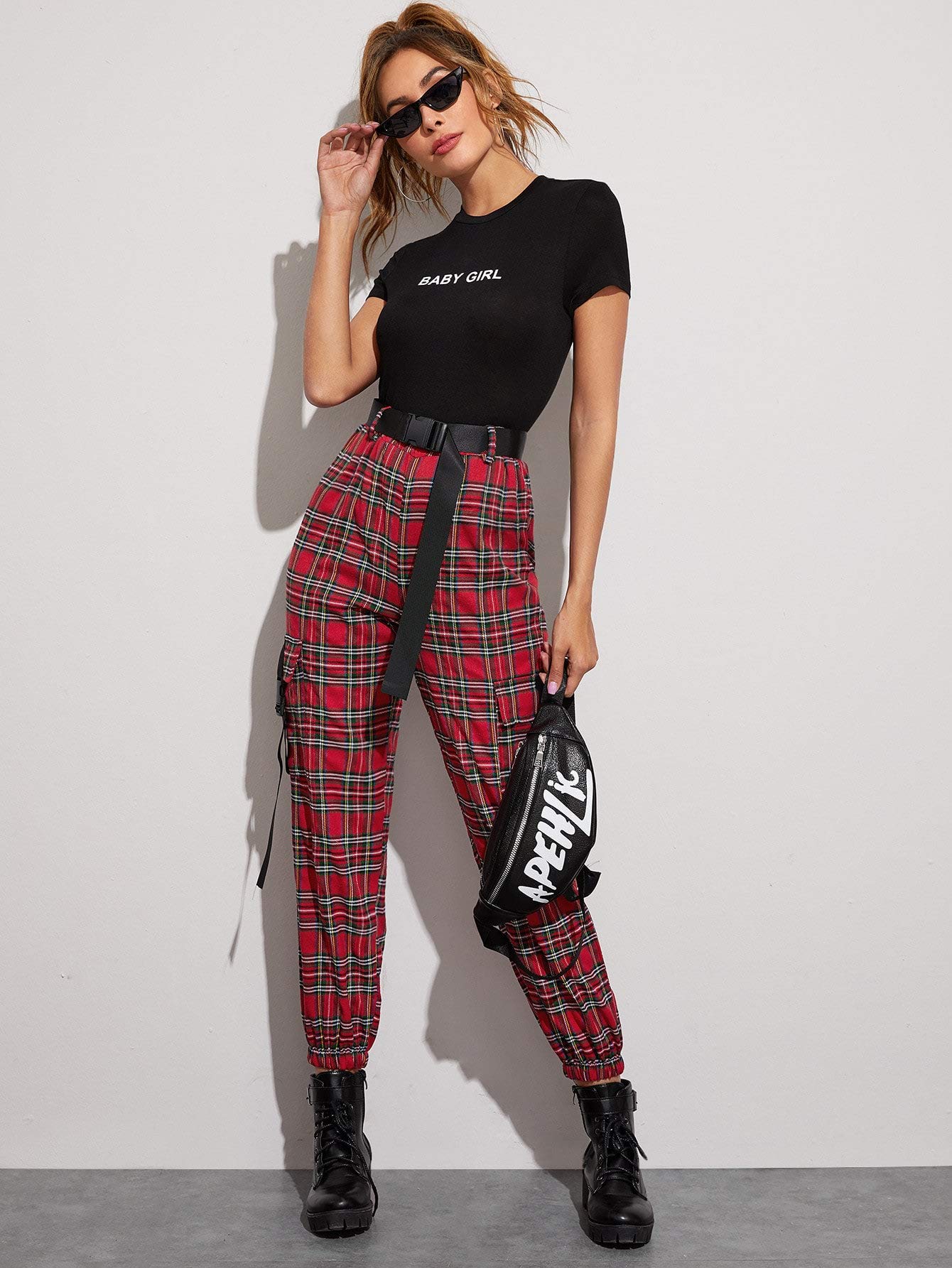 Romwe Women's Workout Jogger Pants Lightweight Hiking Outdoor Cargo Sweatpants with Belted Tartan Small