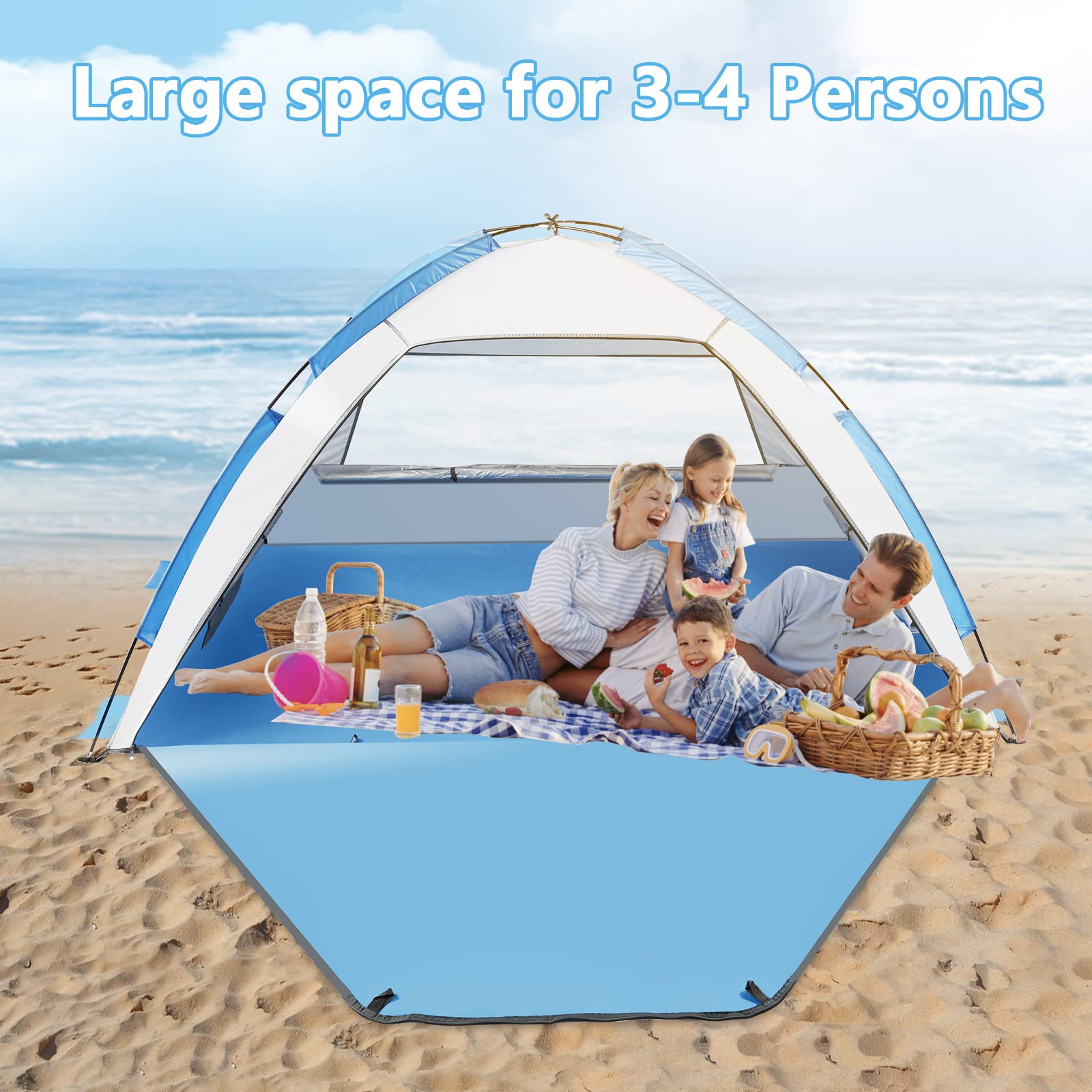 Weanas Beach Tent Sun Shelter, 3-4 Person Portable Sun Shade Shelter UV Protection Easy Setup Lightweight Beach Shelter Tent with Extended Floor & 3 Ventilating Roll Up Windows