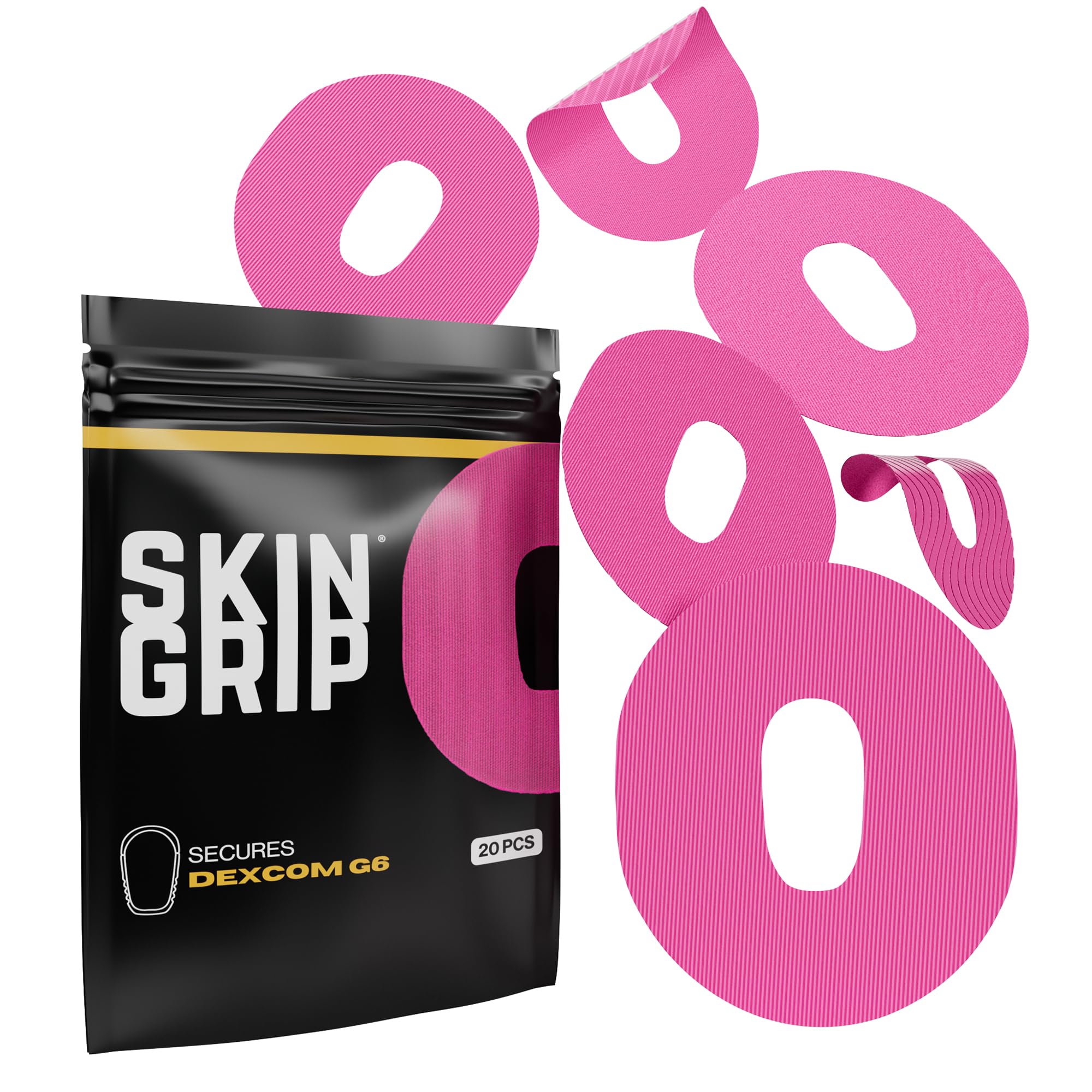 Skin Grip Adhesive Patches for Dexcom G6 CGM – Waterproof & Sweatproof Adhesive for 10-14 Days, Pre-Cut Adhesive Medical Tape, Continuous Glucose Monitor Sensor Cover – 20 Pack, Pink