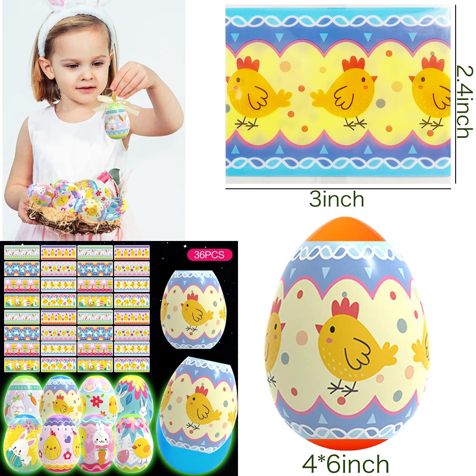 Wittocs 36 Pcs Easter Egg Wrapper Luminous Eggs Film Shrink Wraps for 2.4in Easter Eggs Chicken Bunny Egg Sleeves Decorations, New Cute Easter Egg Arounds