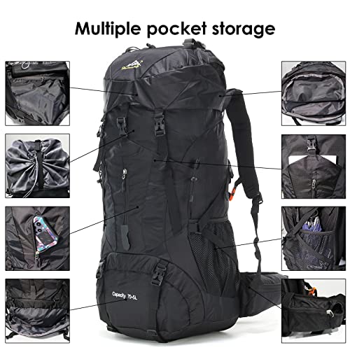 WintMing 75L Hiking Backpack with Rain Cover Waterproof Camping Backpack Shoes Warehouse for Men Women, Frameless (black)