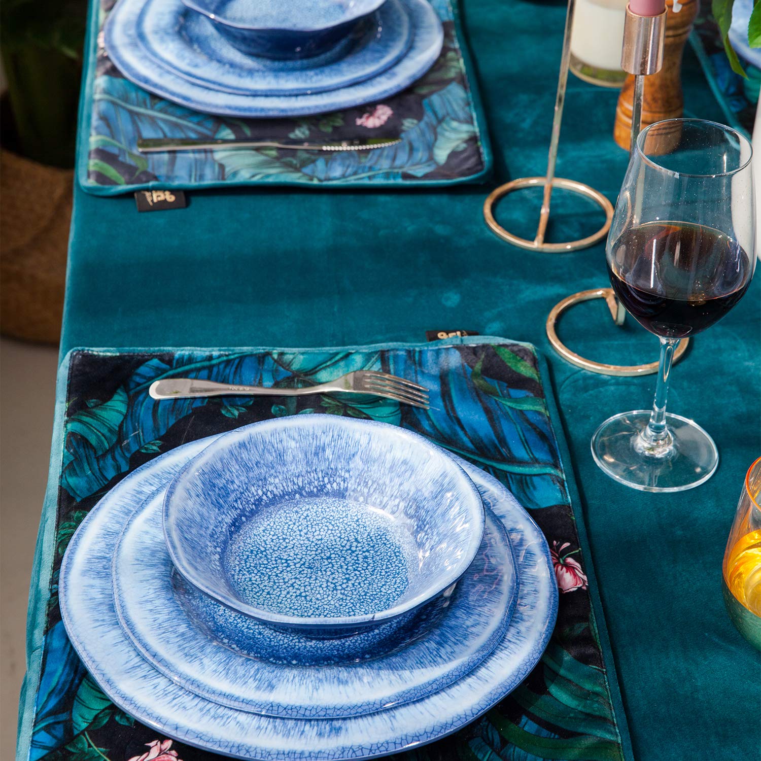 Topmela 12 Pcs Blue Melamine Dinnerware Set, Shatterproof and Dishwasher Safe, Ideal for Indoor and Outdoor Use