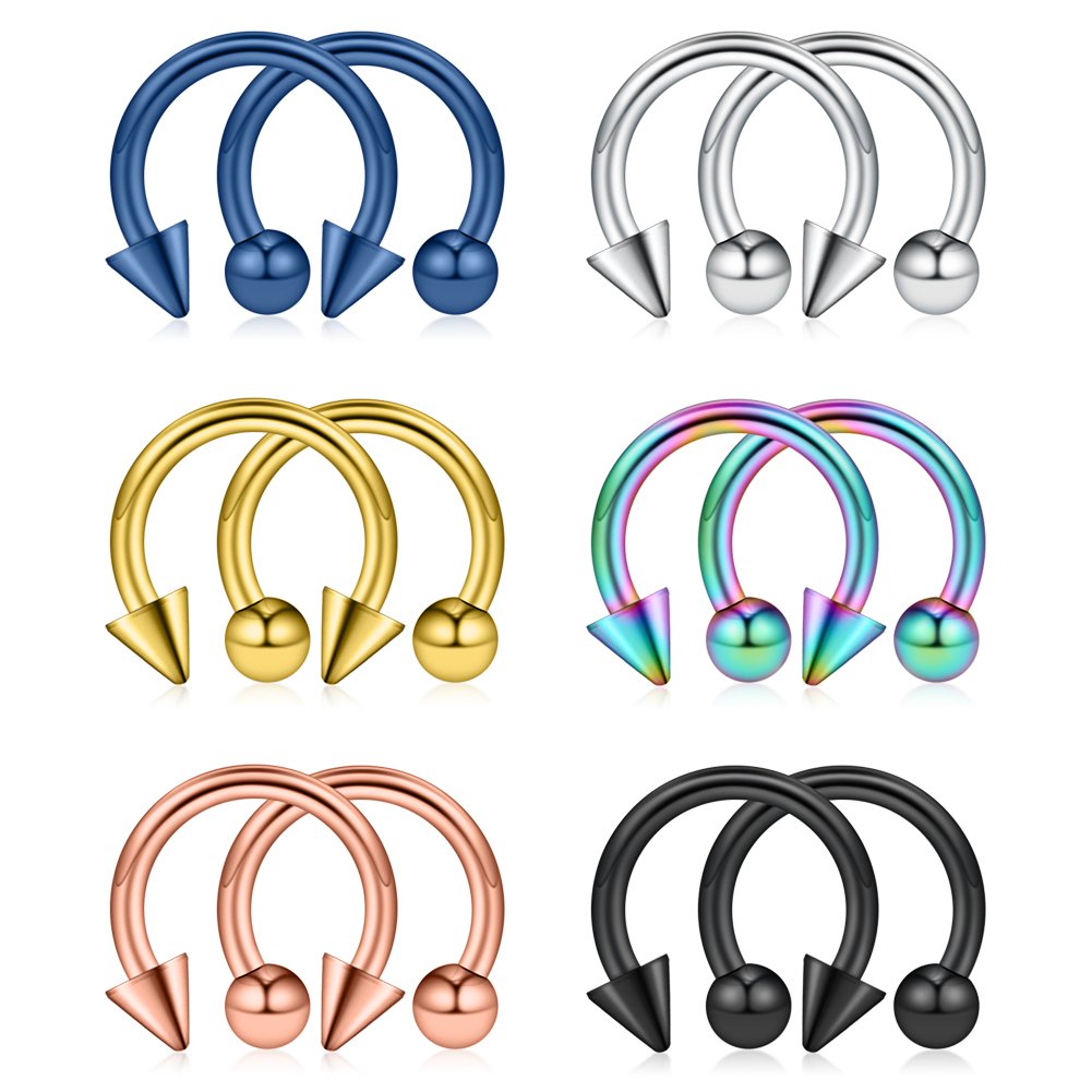 Ruifan 12PCS Assorted Colors Surgical Steel CBR Nose PA Septum Horseshoe Earring Eyebrow Tongue Lip Piercing Ring with 4mm Balls & Spikes 12G 10mm