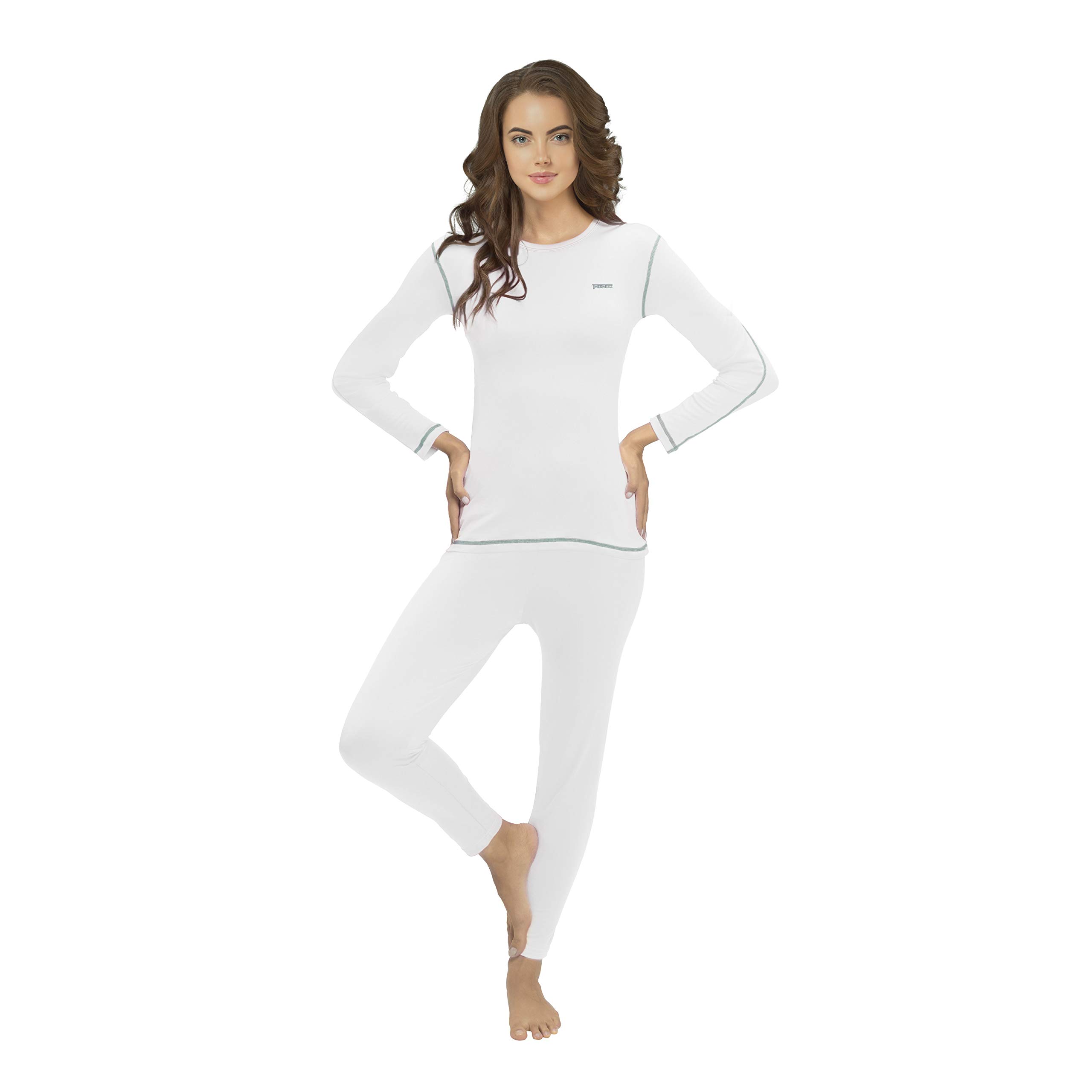 Thermal Underwear for Women (Thermal Long Johns) Sleeve Shirt & Pants Set, Base Layer w/Leggings Bottoms Ski/Extreme Cold White M