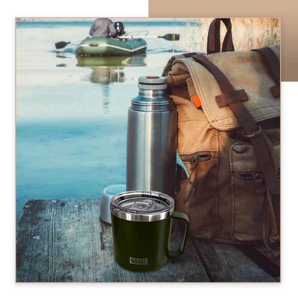 WAASS 14oz Insulated stainless steel Coffee Mug - Hot and Cold with leakproof sliding Lid - Perfect for Hot Coffee & Tea for Travel, home, and Work. (Green)