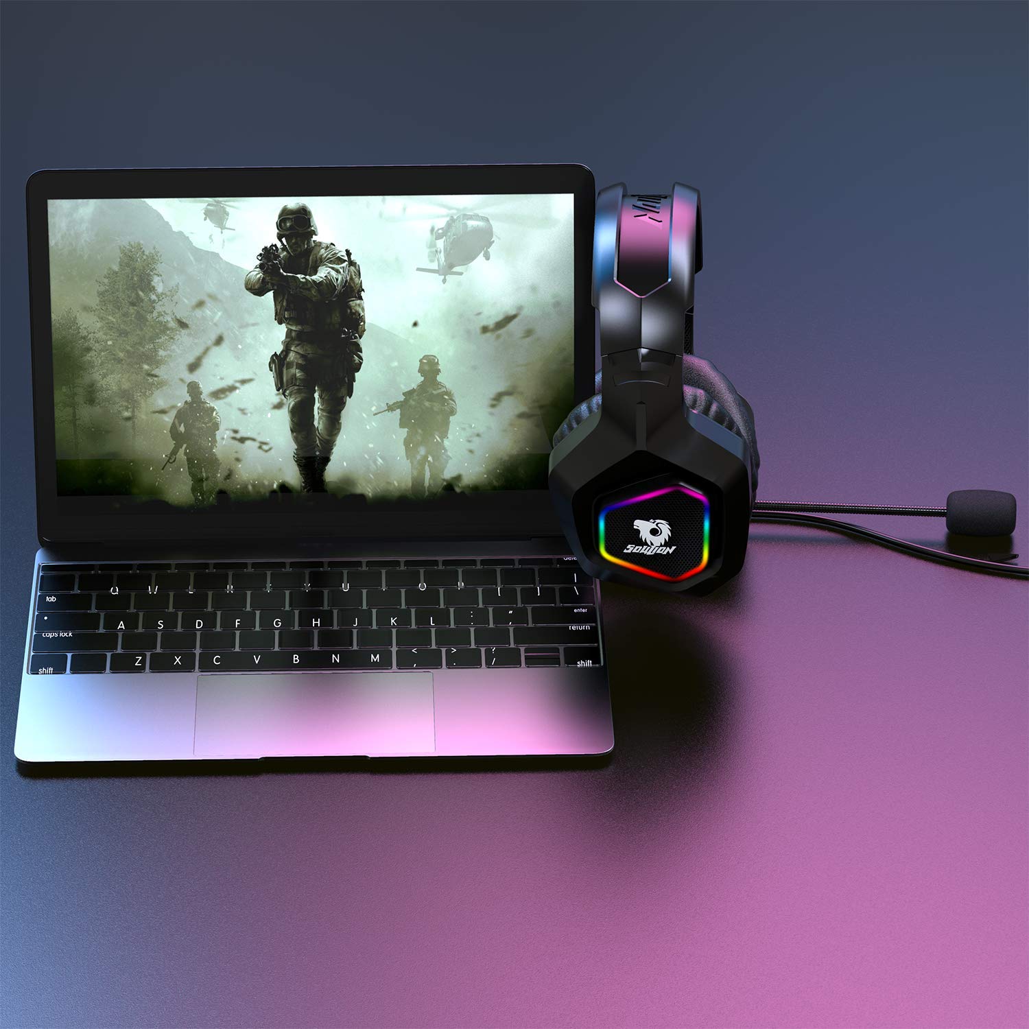 SOULION Tracer 30 PC Gaming Headset, Virtual 7.1 Stereo Surround Sound Headphones with Noise Cancelling Microphone, RGB Lights, USB Plug for Laptops Computers