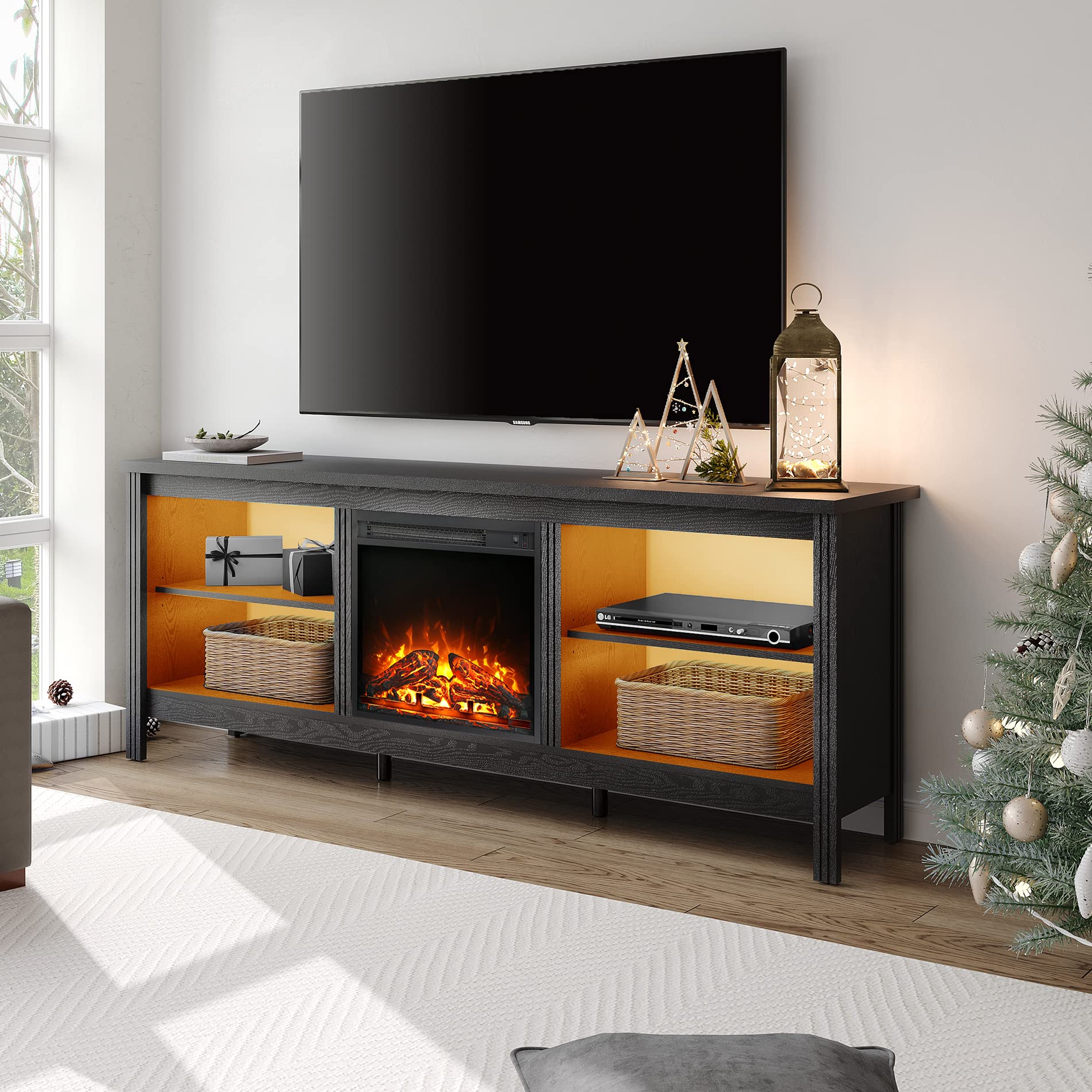 WAMPAT Fireplace TV Stand for TVs Up to 75 Inch with RBG LED Light, Farmhouse Wood Electric Fireplace Entertainment Center with 4 Storages for Living Room Bedroom, Black