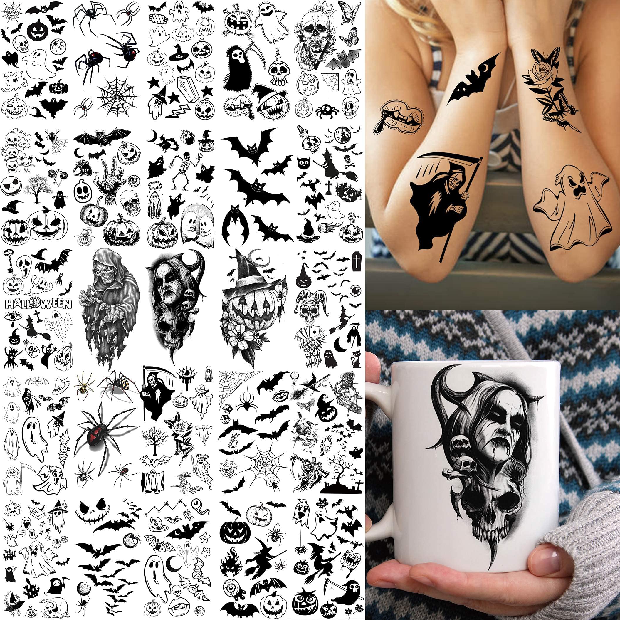 Shegazzi 52 Sheets Halloween Temporary Tattoos For Kids Boys Girls Women Men, 3D Scary Skull Skeleton Fake Tattoos Sticker For Adults, Small Ghost Vampire Bat Pumpkin Spider Temp Transfer Tatoos Devil