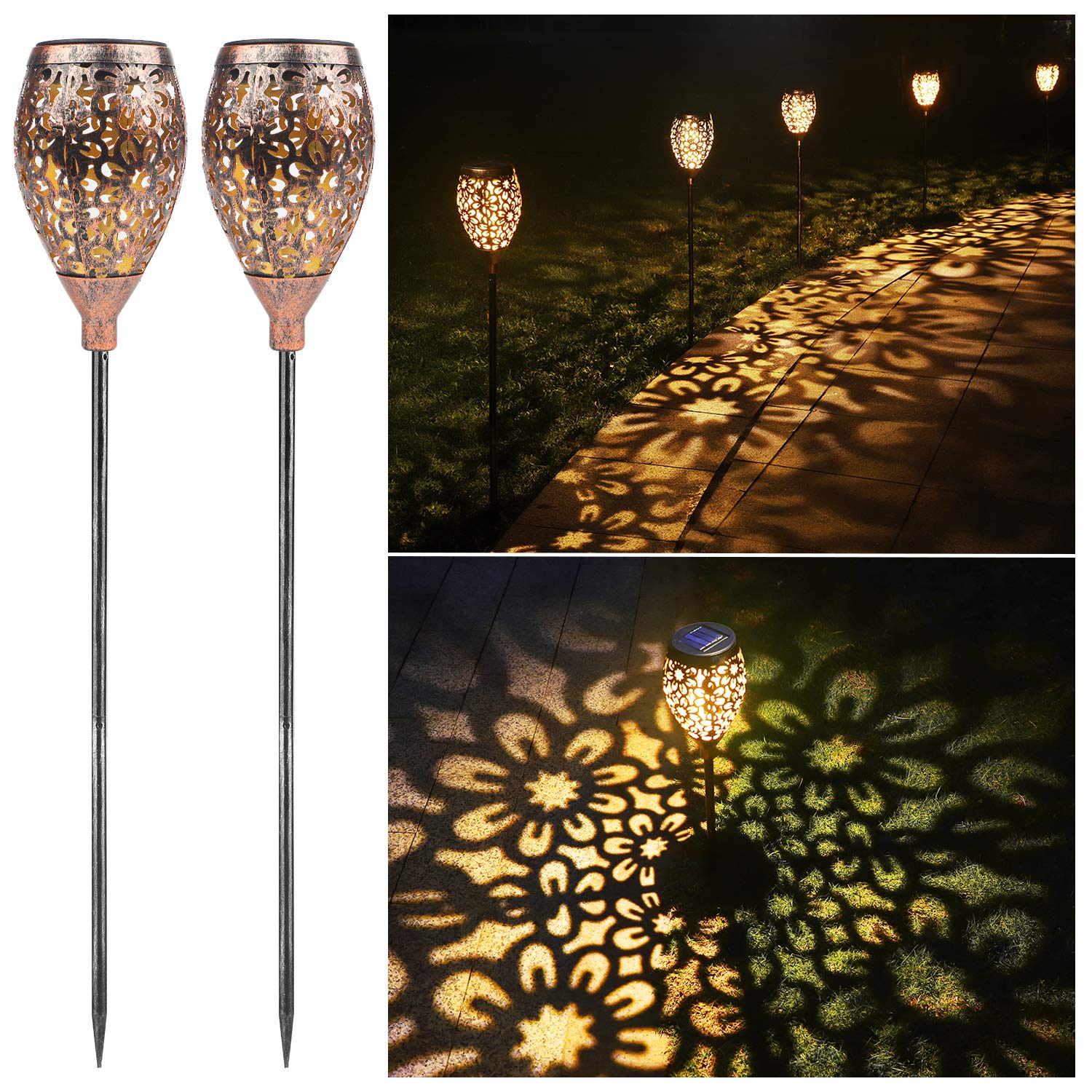 Ulmisfee Garden Solar Lights Pathway Outdoor Solar Lantern Stakes Lights Waterproof Warm White LED Decorative Metal Lamp for Christmas, Yard, Lawn, Patio, Courtyard (2 Pack Solar Pathway Lights)