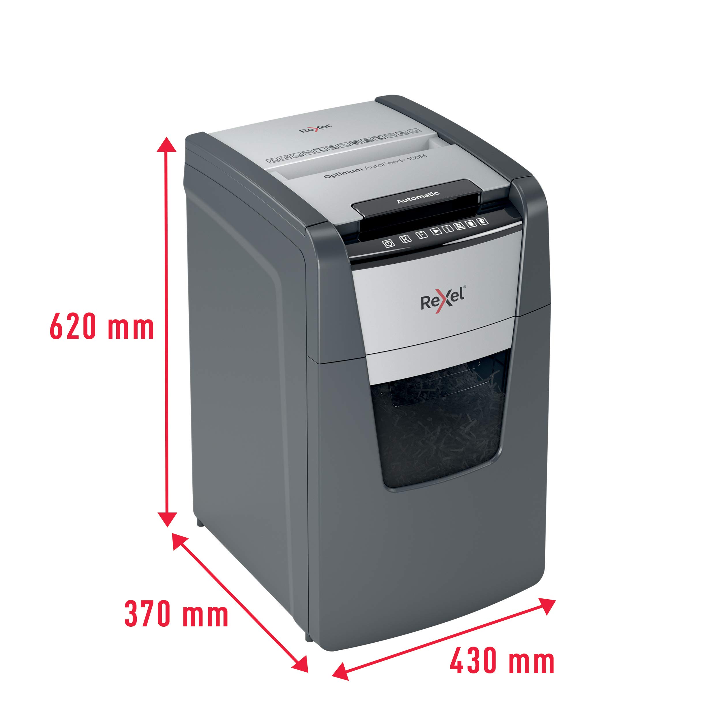 Rexel Optimum Auto Feed+ 150 Sheet Automatic Micro Cut Paper Shredder, P-5 Security, Small Office Use, 44 litre Removable Bin, 2020150M
