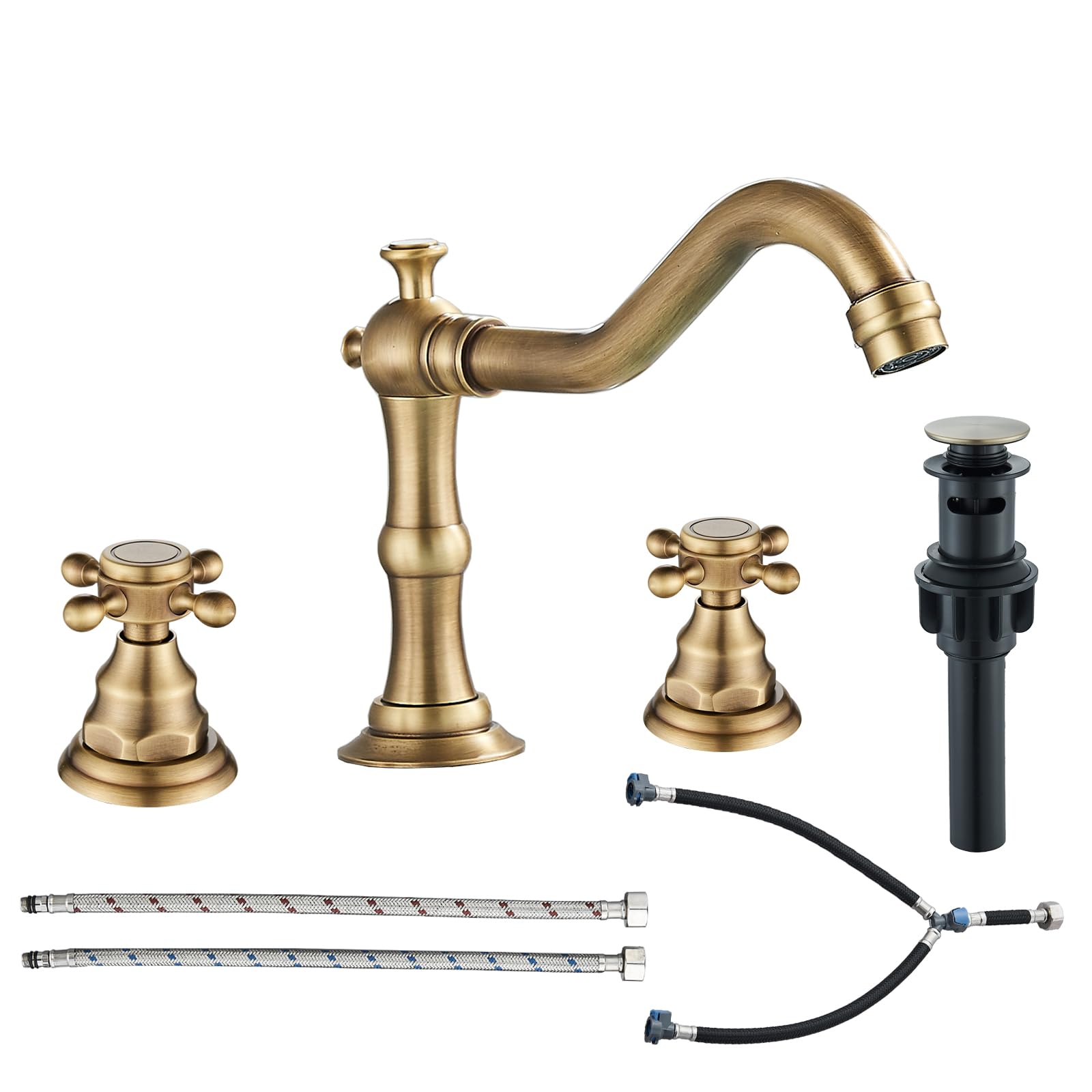 𝐕𝐨𝐭𝐚𝐦𝐮𝐭𝐚 𝐁𝐚𝐭𝐡𝐫𝐨𝐨𝐦 𝐒𝐢𝐧𝐤 𝐅𝐚𝐮𝐜𝐞𝐭 Antique Brass Bathroom Faucets for Sink 3 Hole 8 Inch Widespread Bathroom Faucet 2 Handles Faucet for Bathroom Sink with Pop Up Drain