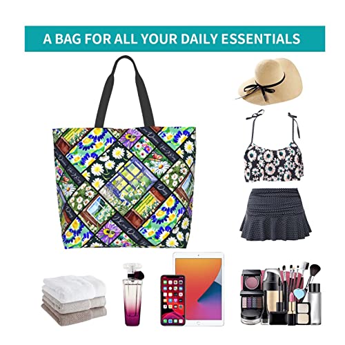 ZFYXGS Daisy Window Bees Butterfly Large Tote Bag For Women Soft Handbag School Shoulder Bag With Built In Pocket