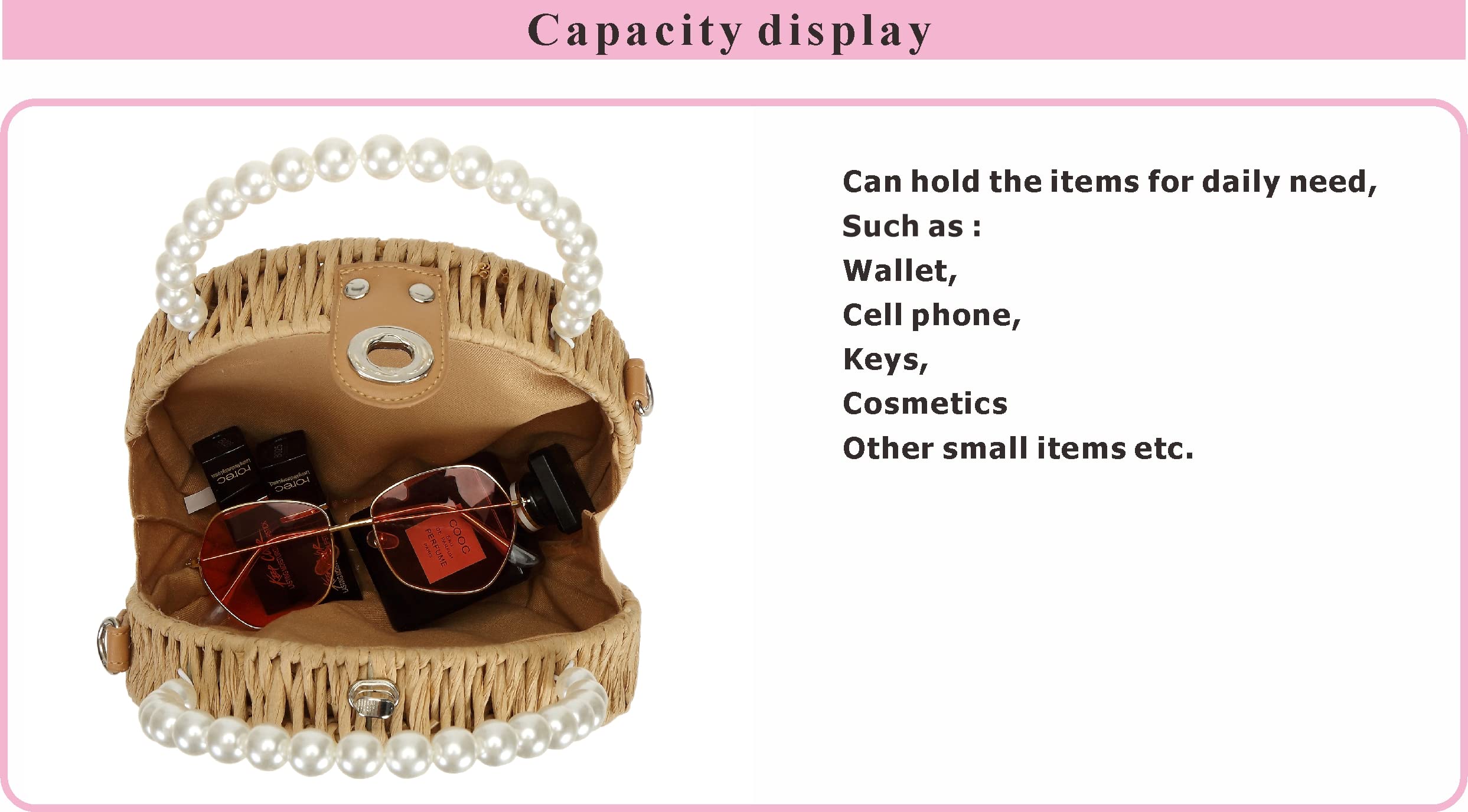 TaiGuri Women's Handmade Straw Artificial Pearl Handle Flower Woven Purse Handbag Tote Bag Khaki